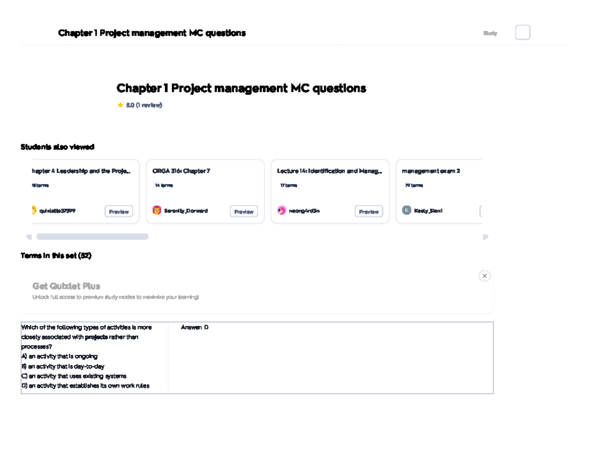 Chapter 1 Project management MC questions Flashcards Quizlet - - Studocu