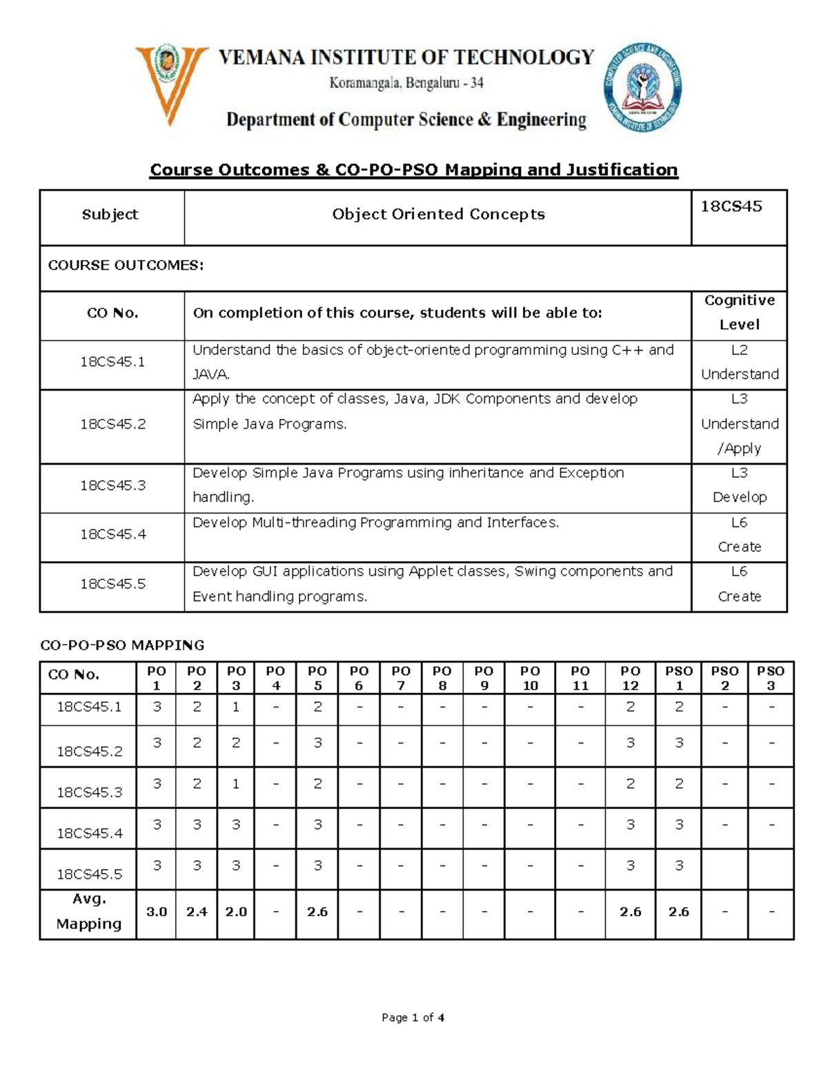 18CS45 - material - Page 1 of 4 Course Outcomes & CO-PO-PSO Mapping and ...