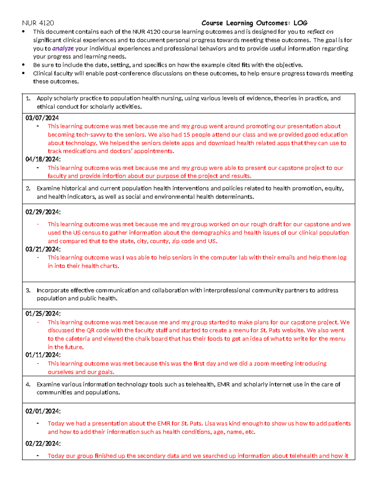 Course outcomes LOG - NAnNANANANNNA - NUR 4120 Course Learning Outcomes ...