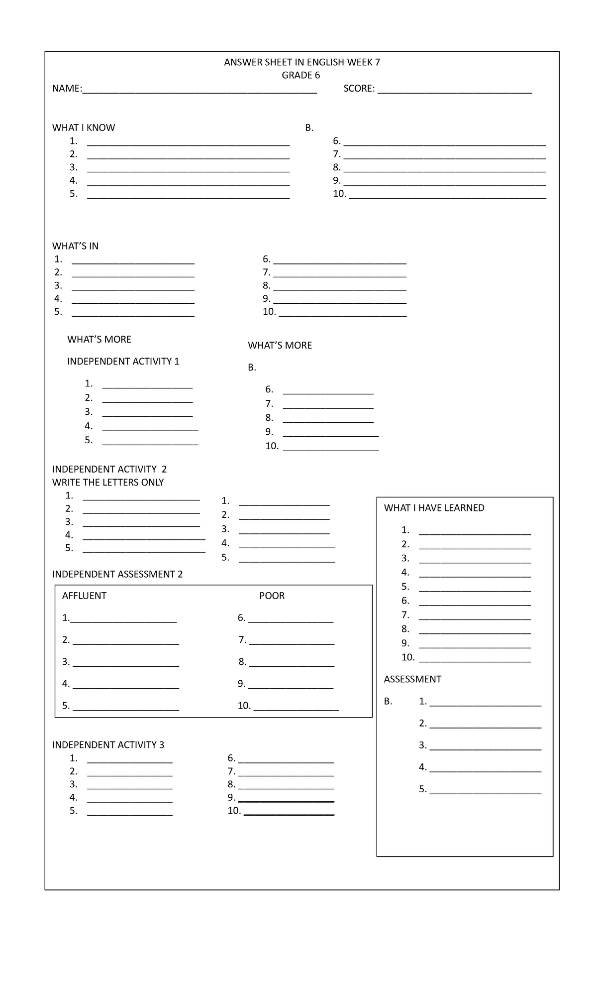 Answer Sheet IN English WEEK 7 - WHAT I HAVE LEARNED 1 ...