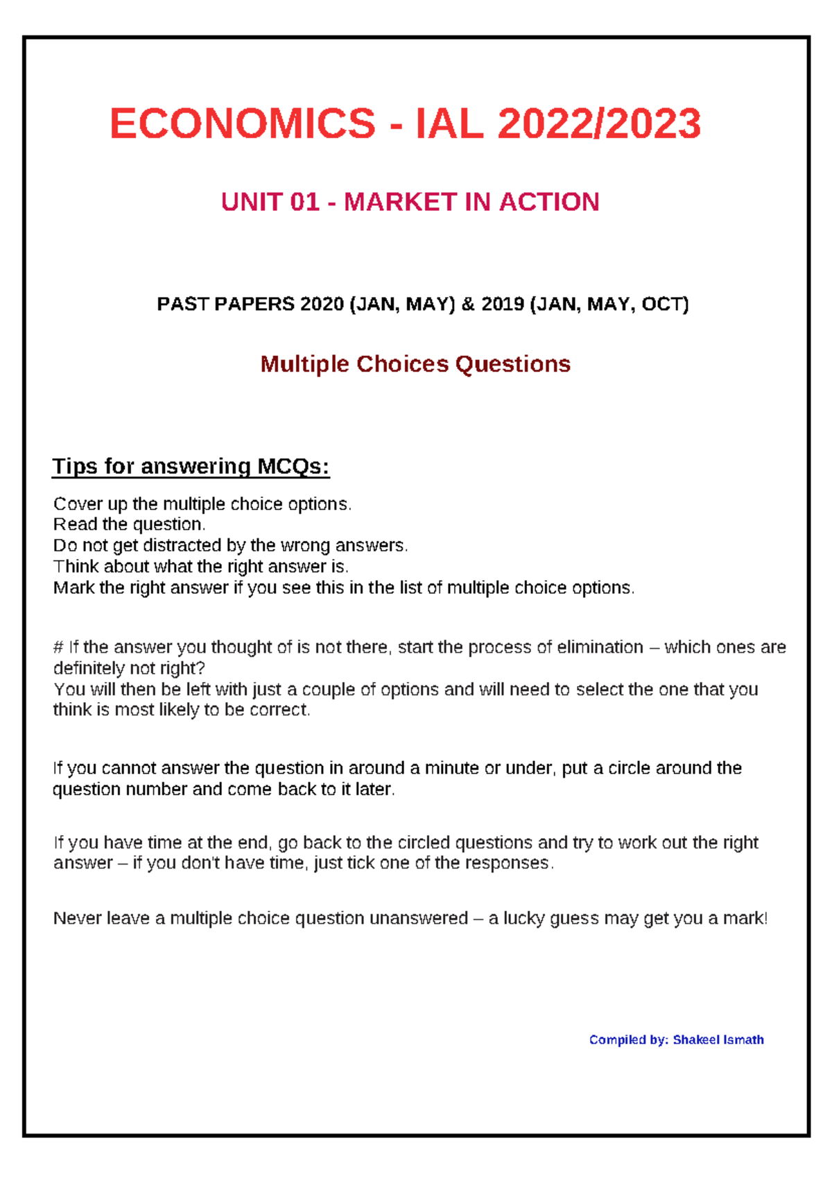 MCQ PAST Paper -PART 2 - 2020- 2019 (UNIT 01) - P60588RA0228 2 SECTION ...