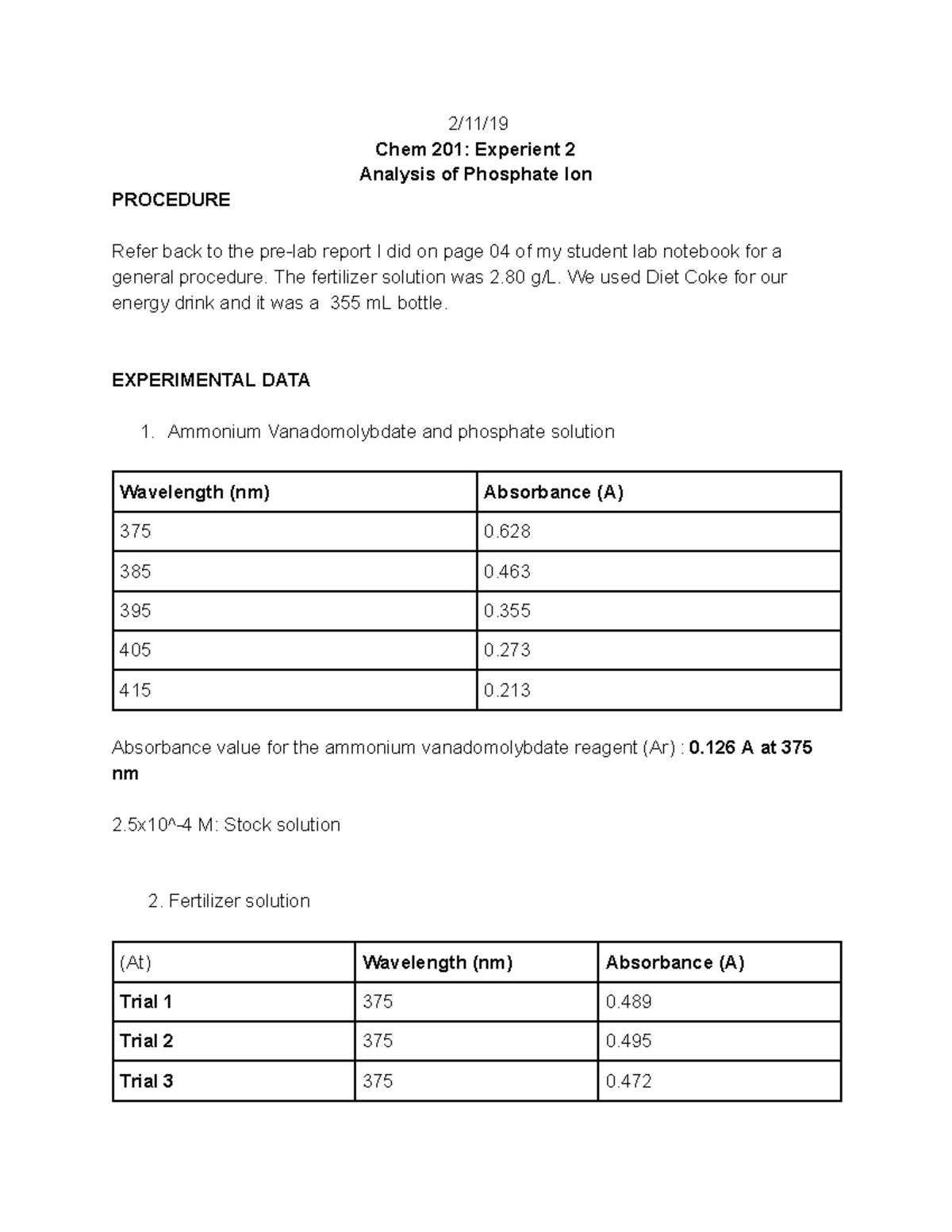 Chem 201 lab report 2 - Google Docs - 2/11/ Chem 201: Experient 2 ...