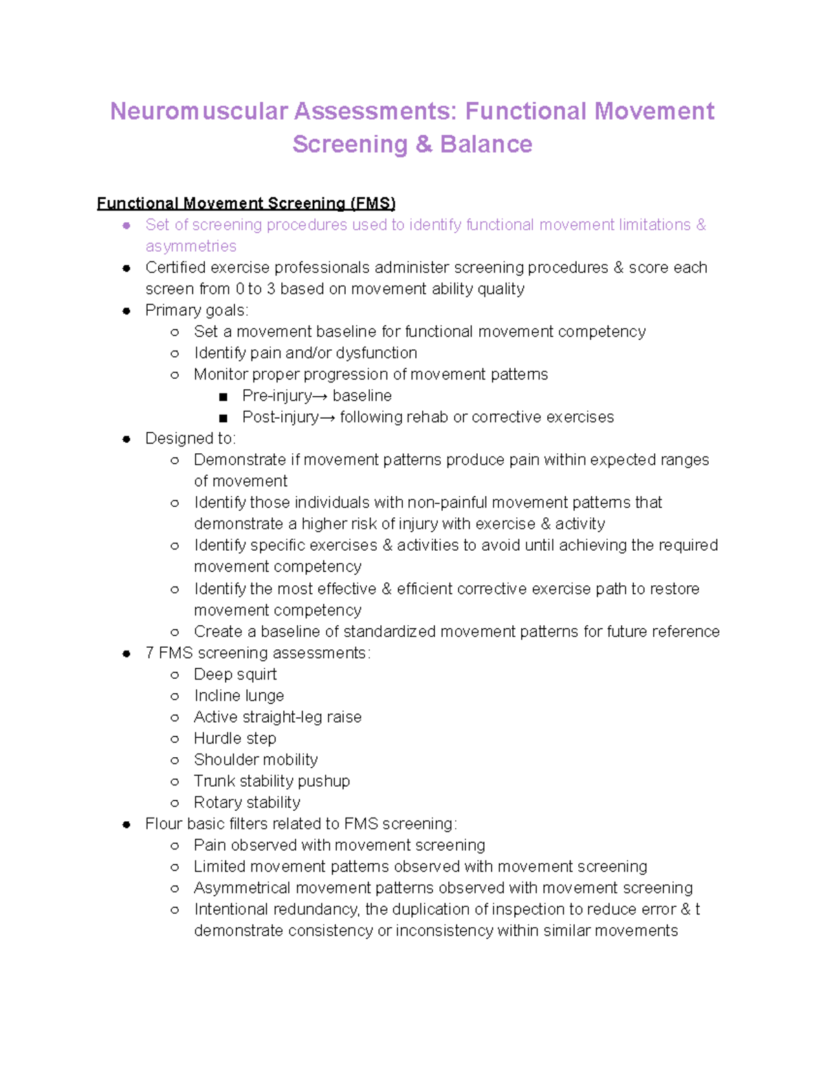 FMS screening - lecture notes - Neuromuscular Assessments: Functional ...