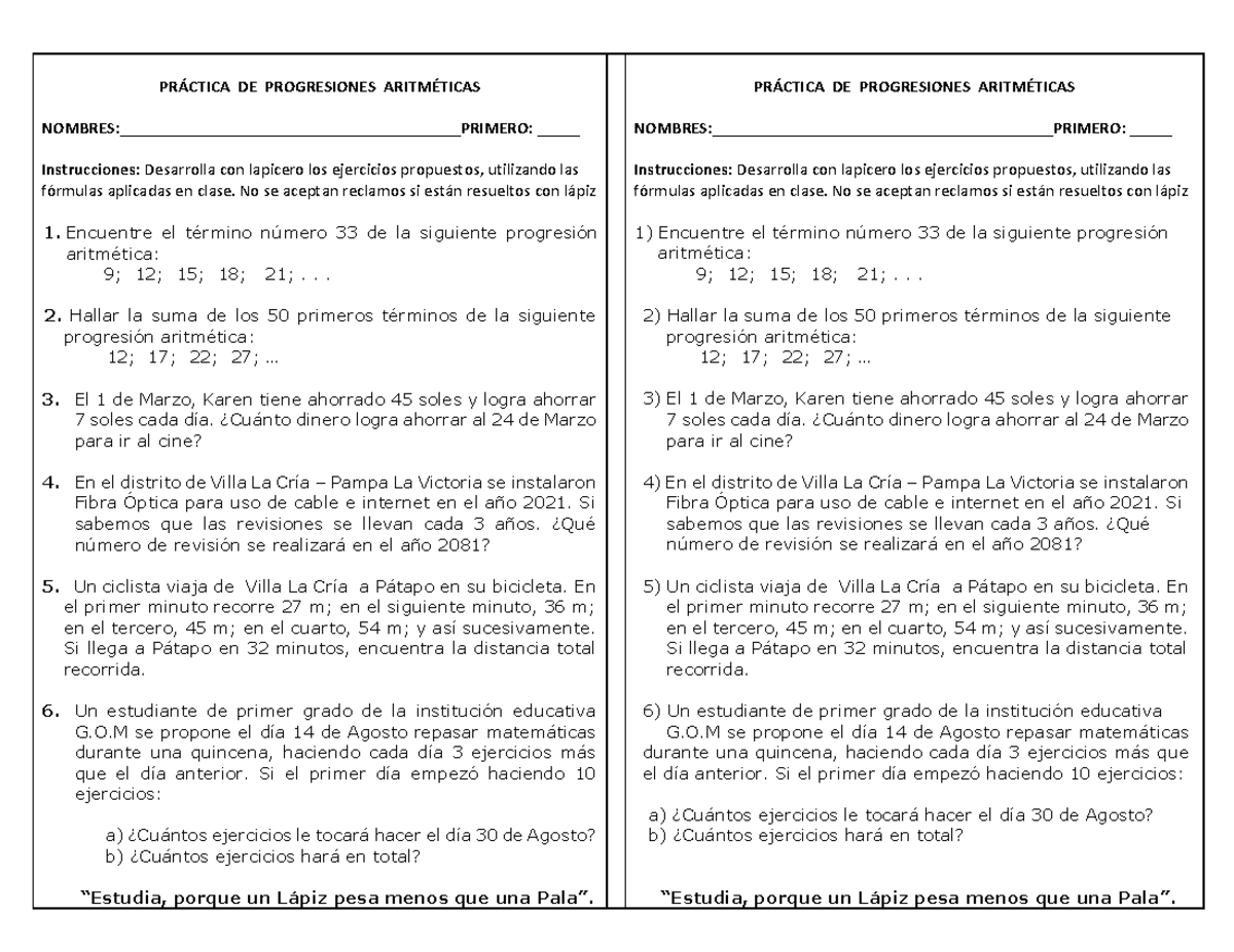 Practica P Aritmeticas del 14 - PR¡CTICA DE PROGRESIONES ARITM.. - Studocu