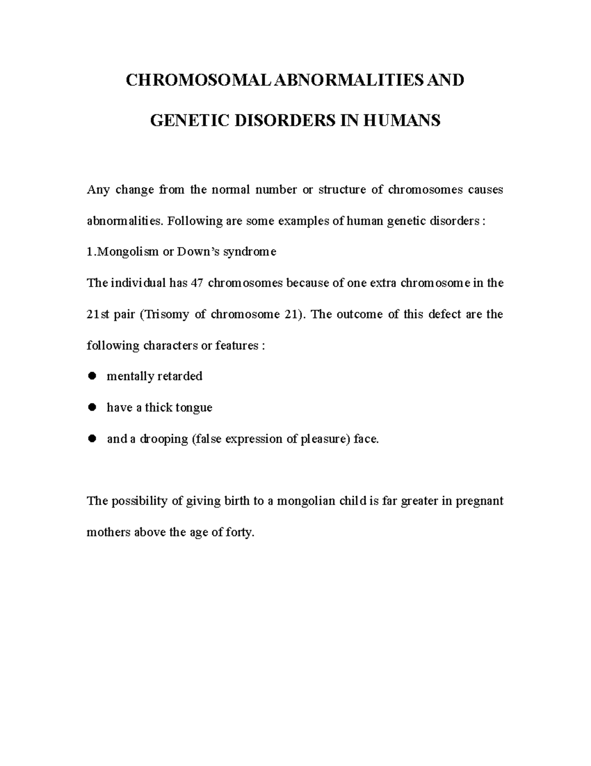 CHROMOSOMAL ABNORMALITIES AND GENETIC DISORDERS IN HUMANS - CHROMOSOMAL ...