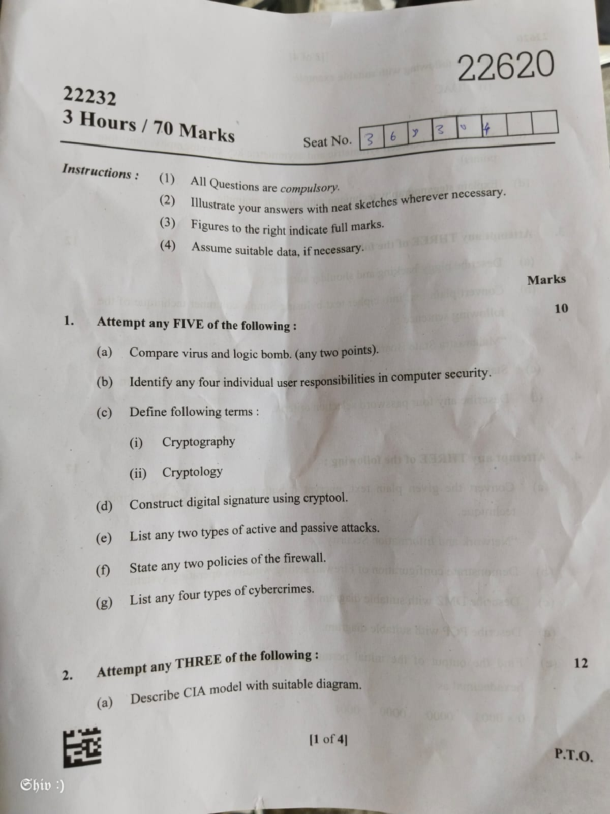 NIS Summer 2023 - question paper - 22620 3 Hours 70 Marks Seat No. 3693041 Instructions (1) All ...
