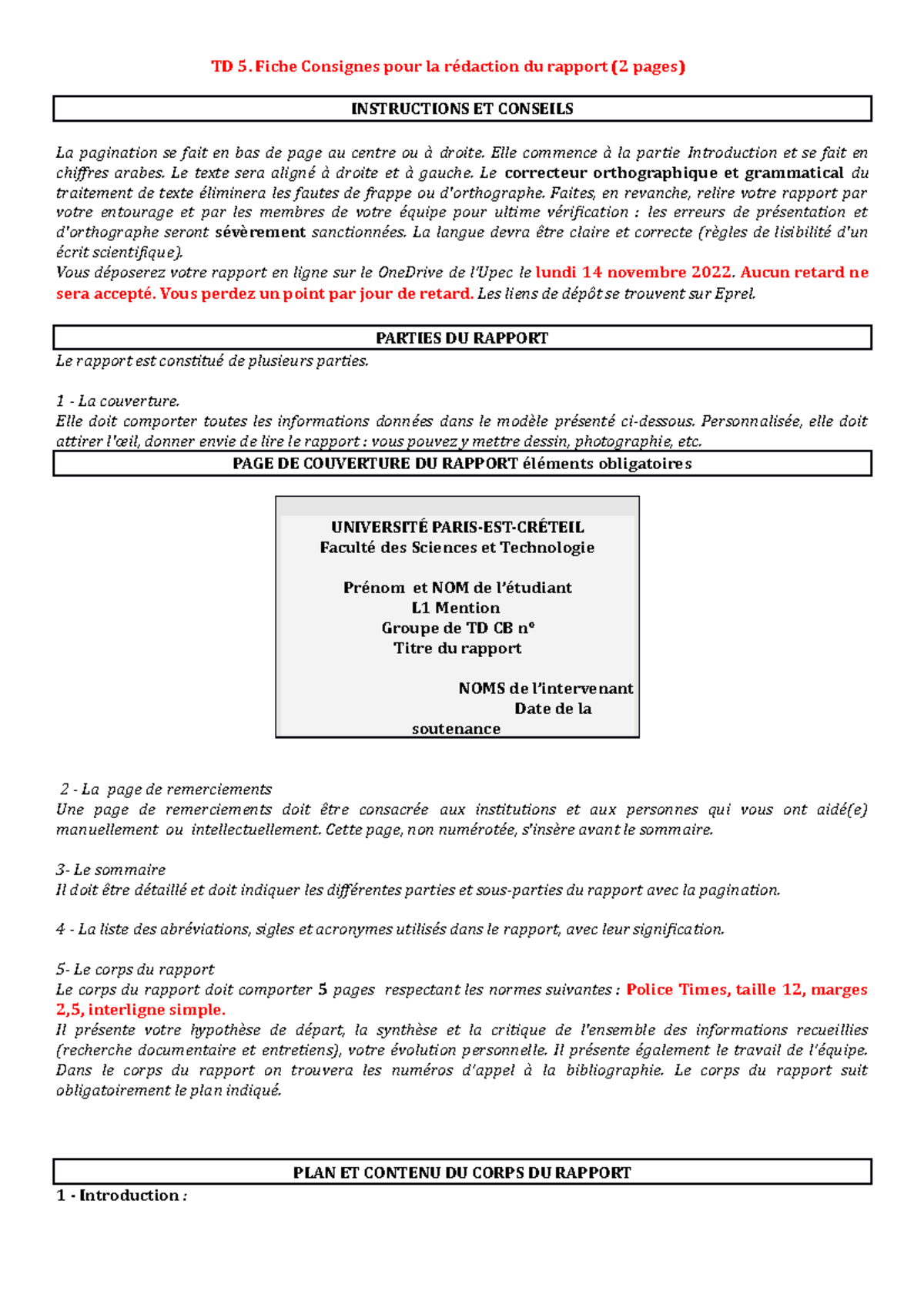 Fiches - TD 5. Fiche Consignes pour la rédaction du rapport (2 pages) INSTRUCTIONS ET CONSEILS ...