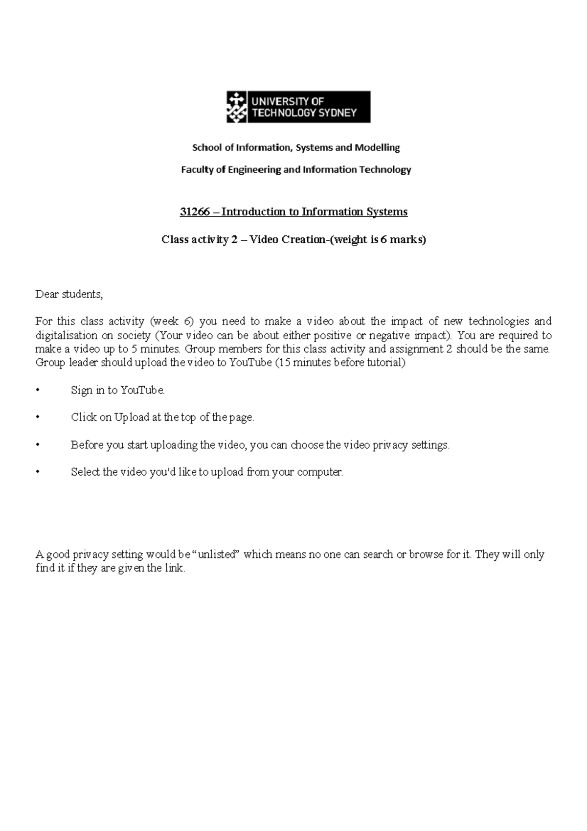 31266 Video class activity week 6 guideline(1) - 31266 – Introduction to Information Systems ...