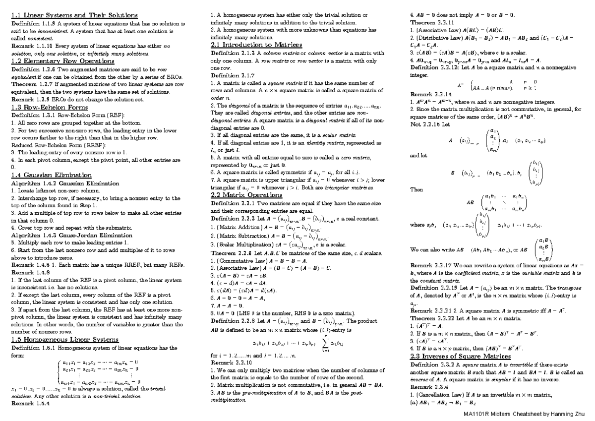 MA1101R Midterms Cheatsheet - 1 Linear Systems and Their Solutions ...