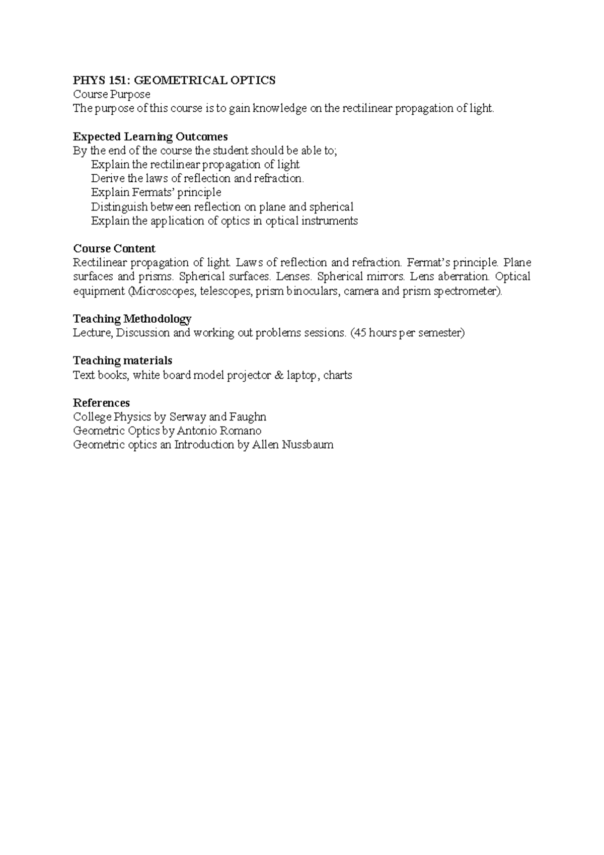 PHYS 151 Geometrical Optics Notes - PHYS 151: GEOMETRICAL OPTICS Course ...