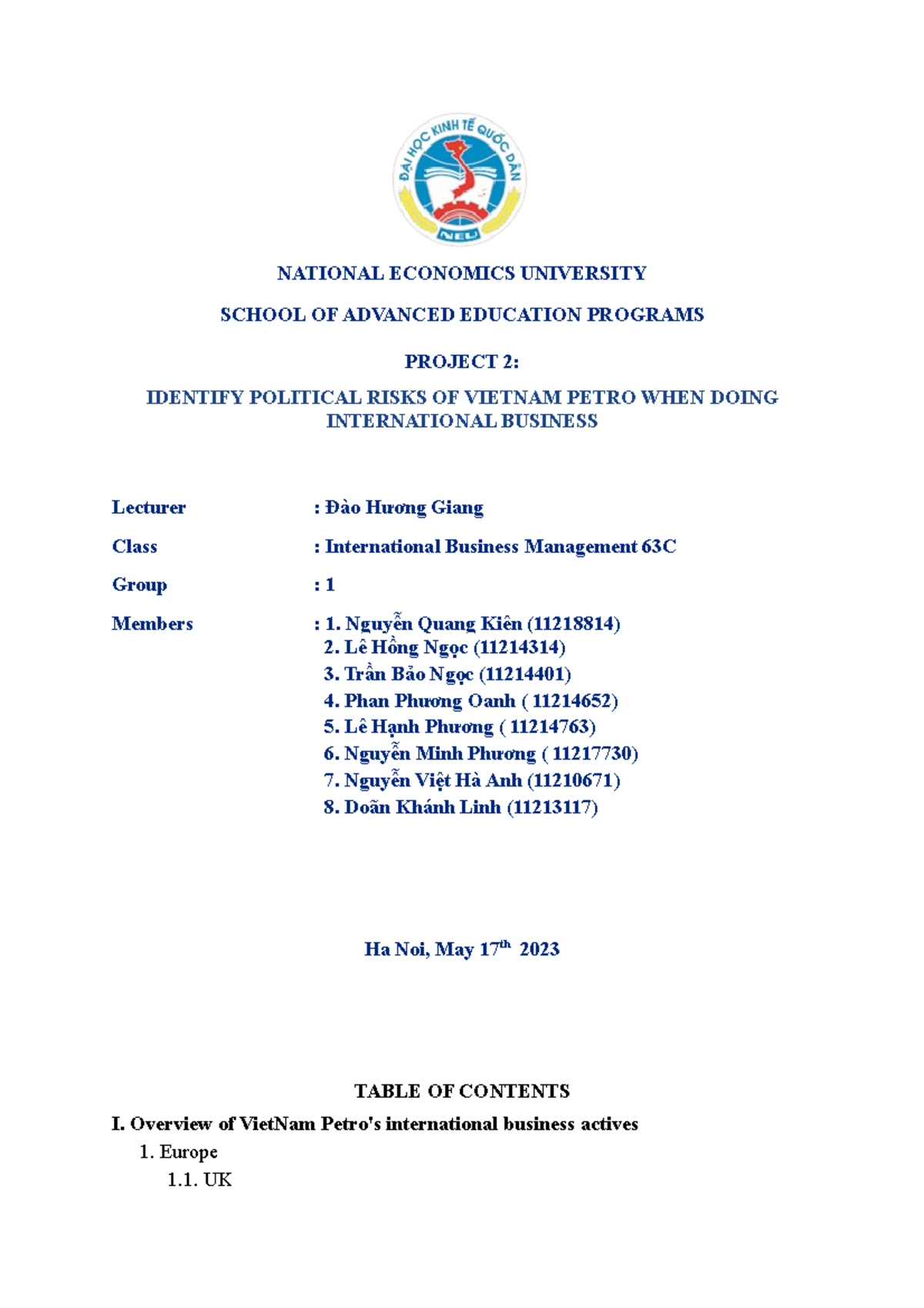 Project 2 - International Business - NATIONAL ECONOMICS UNIVERSITY ...