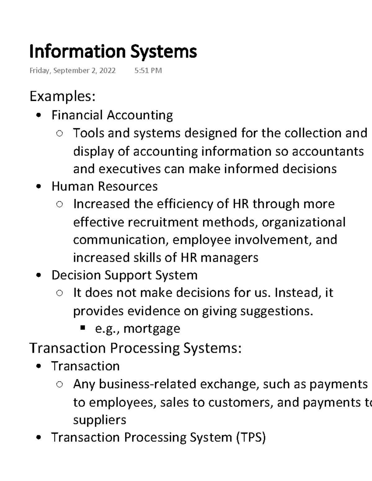 Information Systems - notes - Examples: Financial Accounting Tools and ...