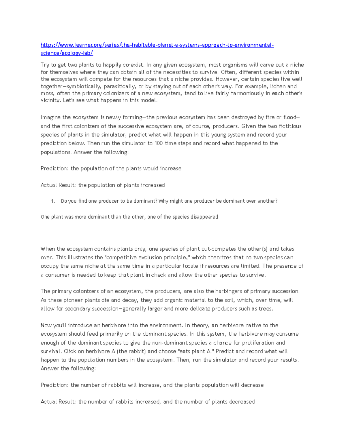 Ecosystem Balance Lab - Lab - - Studocu