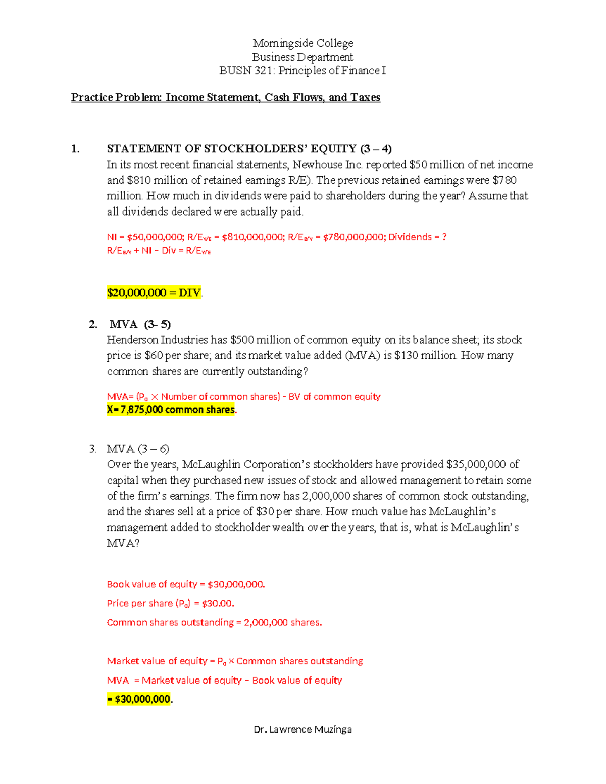 Practice Problem Chapter 3 part 2 - Morningside College Business Department BUSN 321: Principles ...