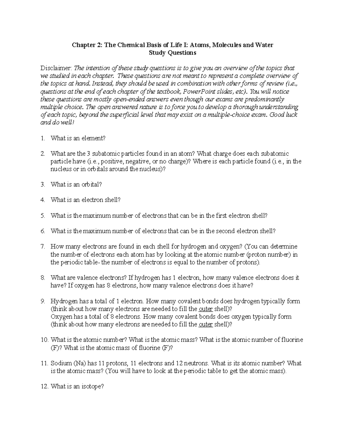 Chapter 2 Study Questions - Chapter 2: The Chemical Basis of Life I ...
