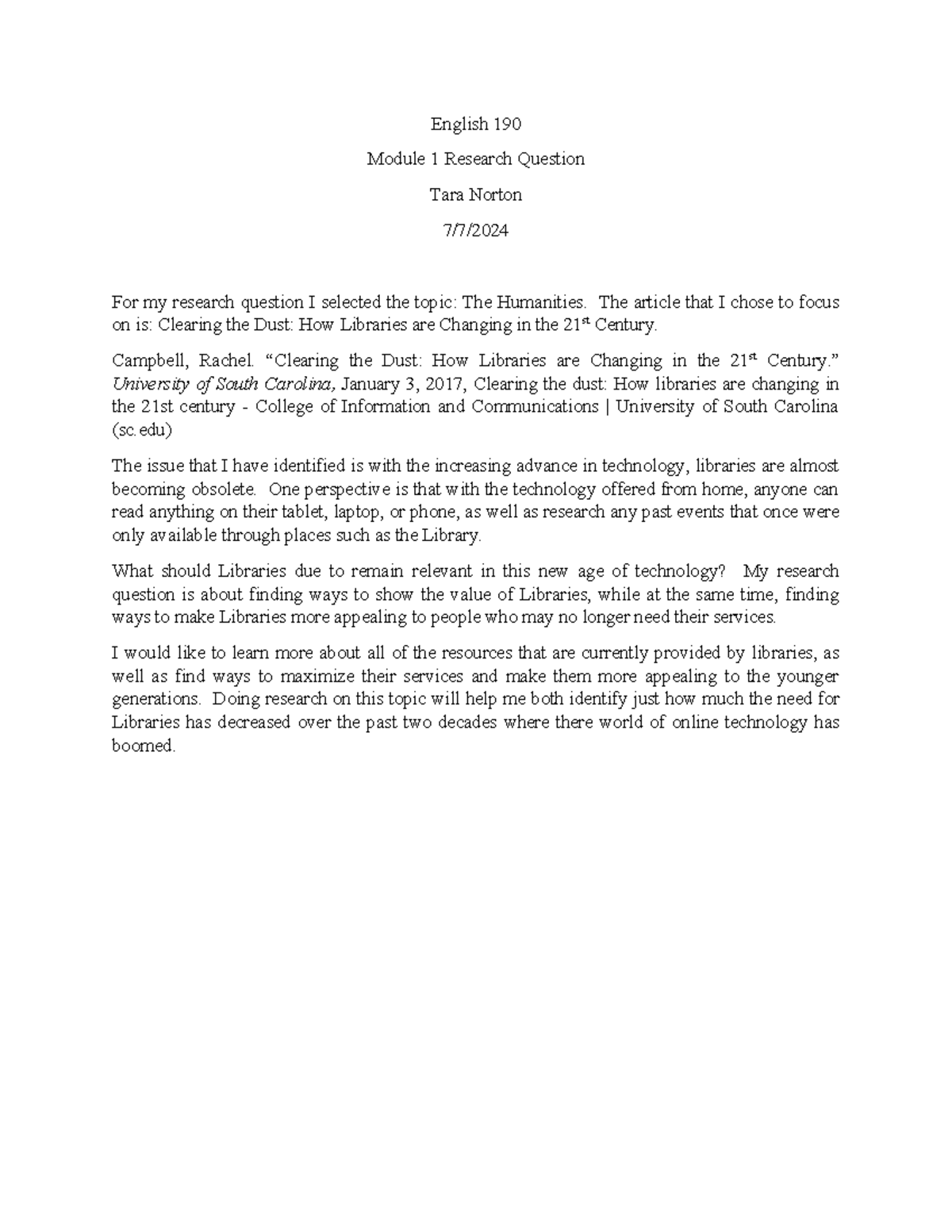 English 190 Reseach Question July24 - English 190 Module 1 Research ...
