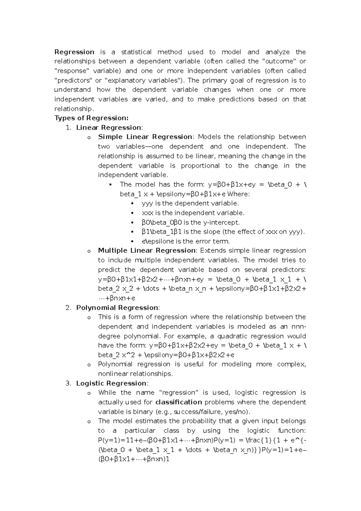 Regression Notes - Regression is a statistical method used to model and ...