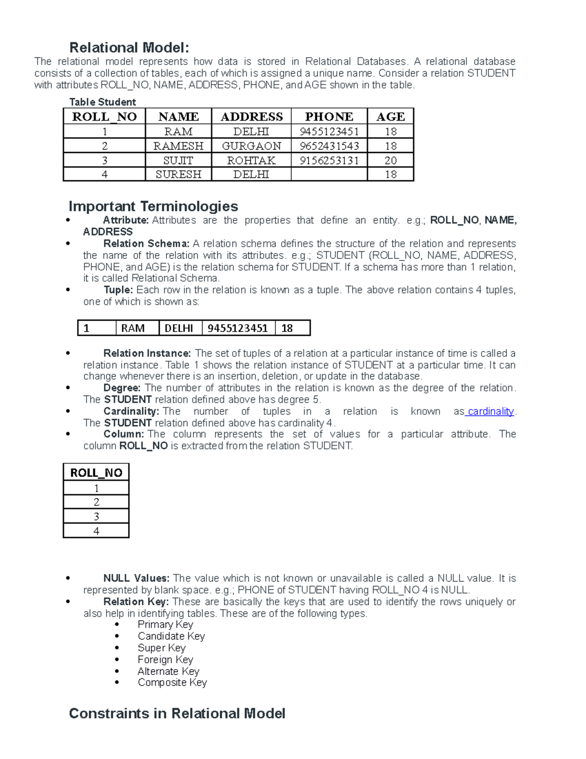 DBMS UNIT-2 - Relational Model: The relational model represents how ...