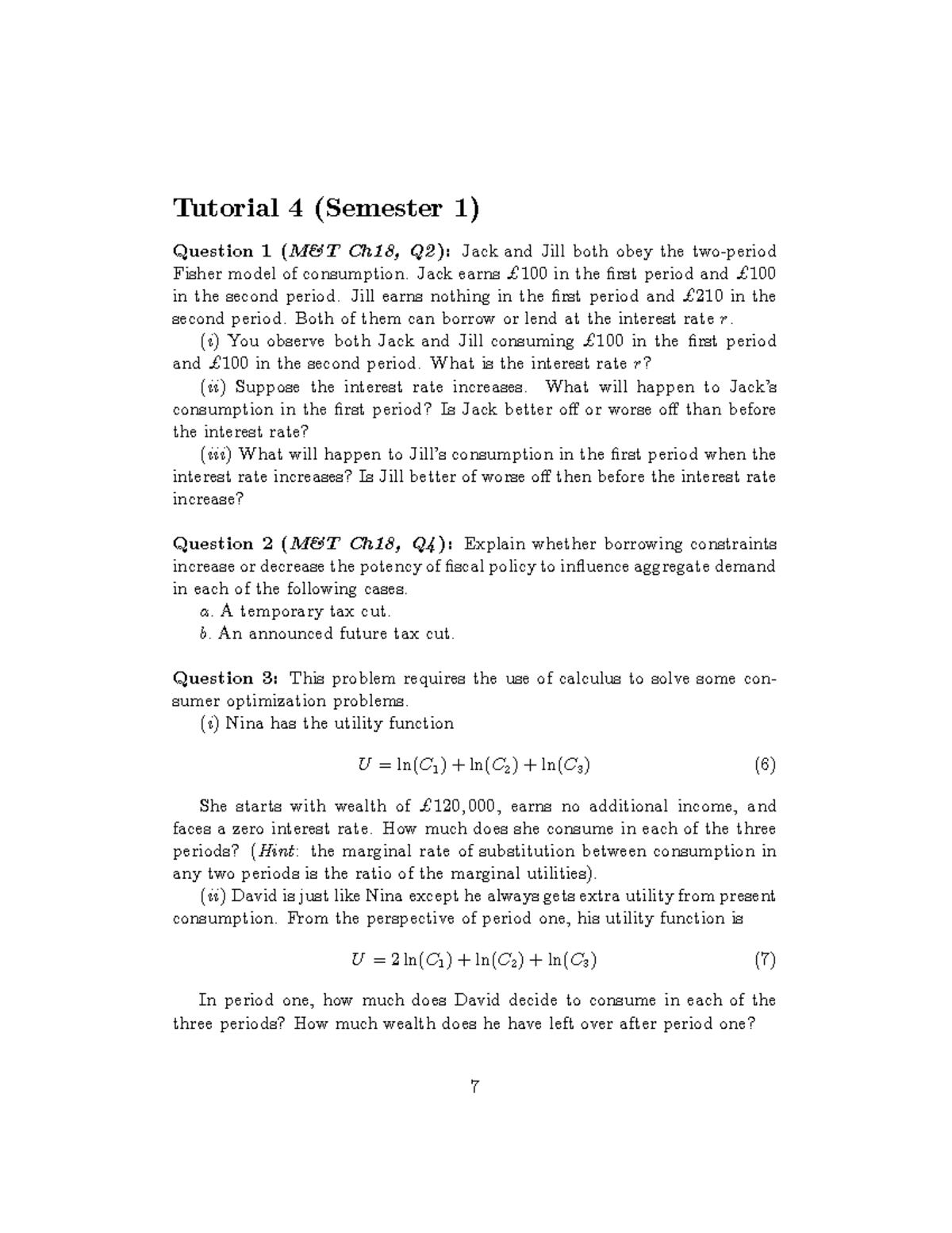 Sem 1 Tutorial 4 questions - Tutorial 4 (Semester 1) Question 1 (M&amp ...