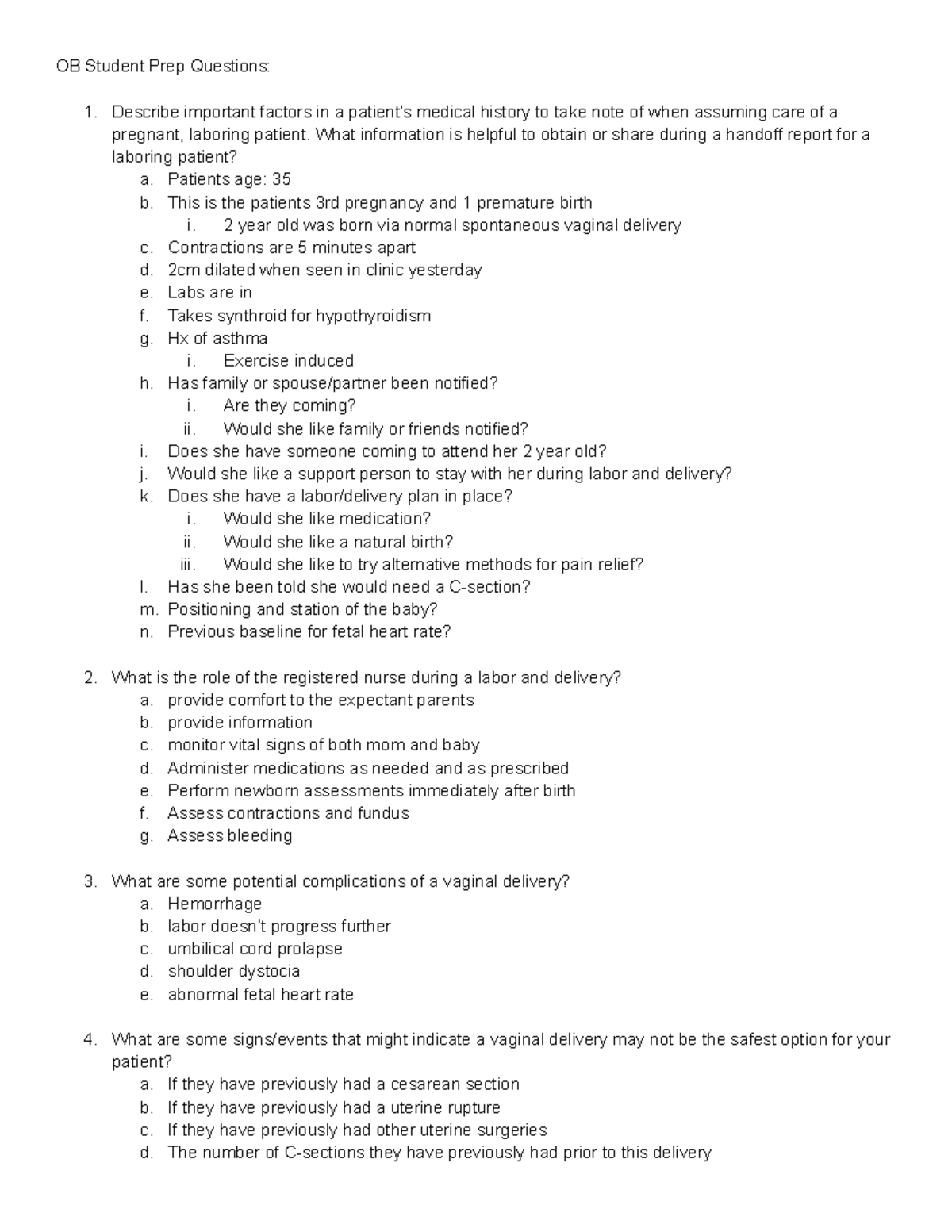 OB CHES Questions - CHES Clinical - OB Student Prep Questions: Describe ...