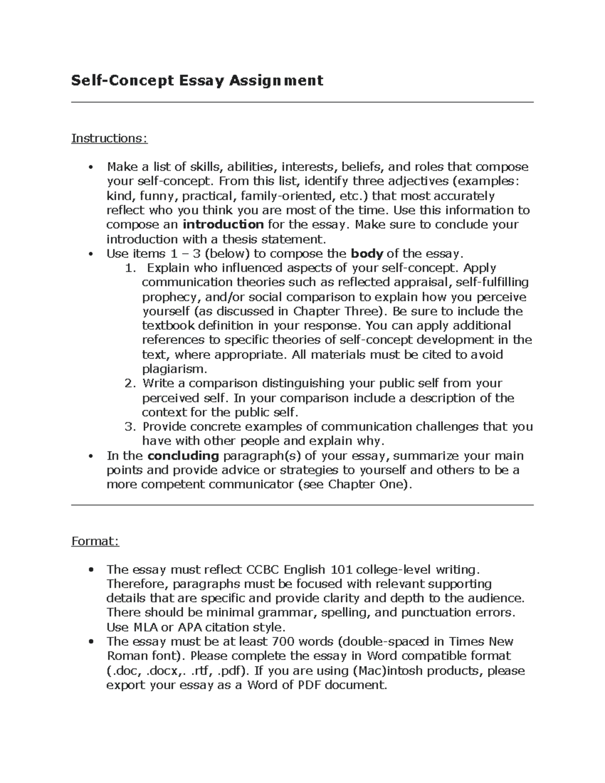 Self-Concept Essay Assignment Instructions - Self-Concept Essay ...