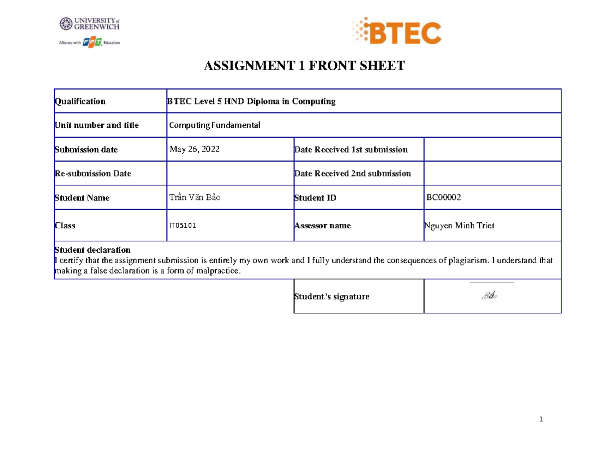 CF02 ASM BC00002 Tran Van Bao - ASSIGNMENT 1 FRONT SHEET Qualification BTEC Level 5 HND Diploma ...