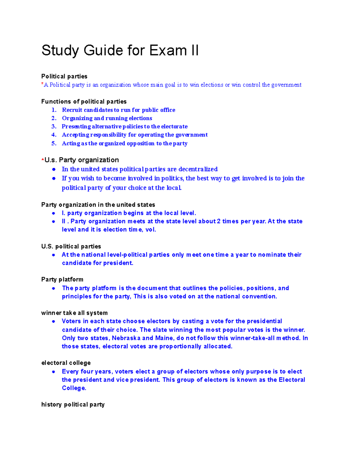 Study Guide for Exam II - Study Guide for Exam II Political parties *A ...