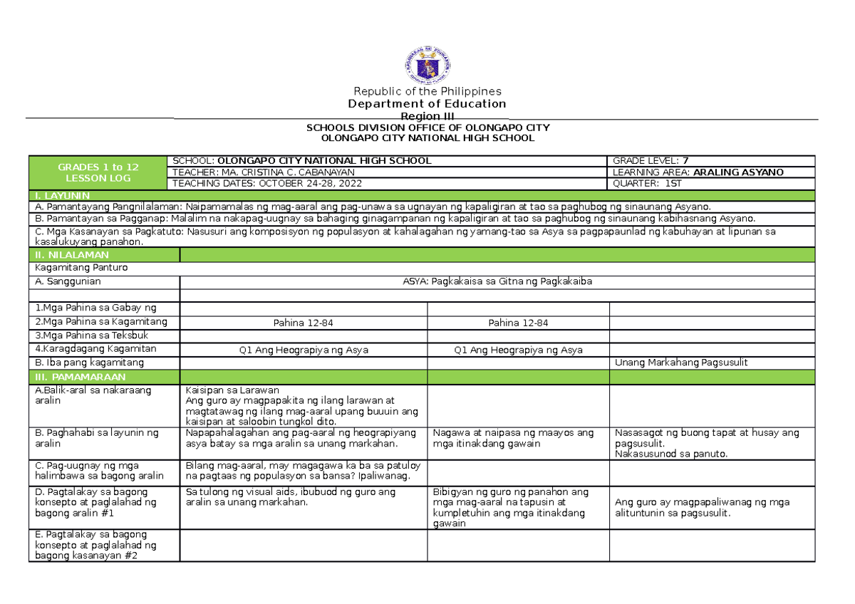 Grade 7 DLL Oct 24-28 - AP Daily Lesson Log - 7 Republic of the ...