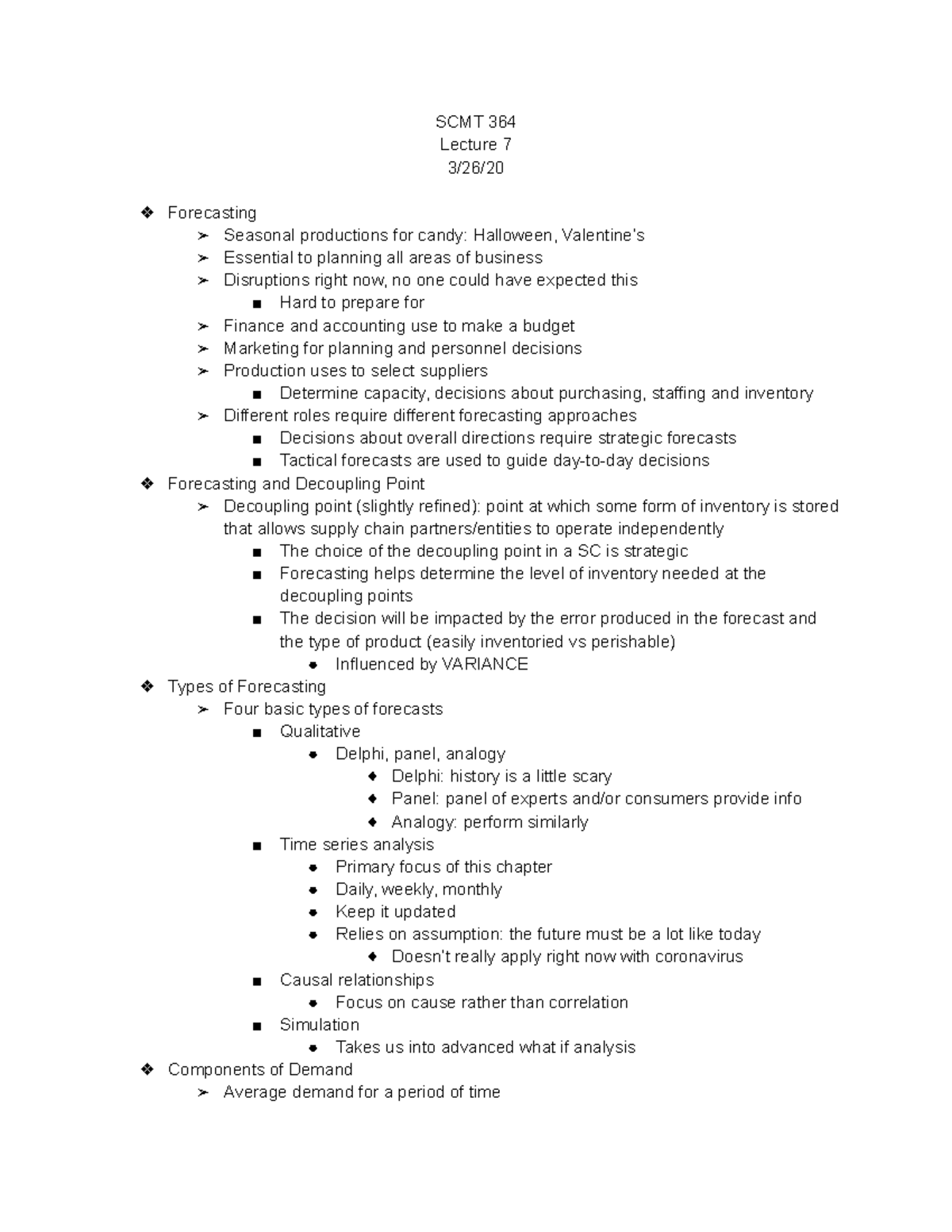SCMT 364 Lectures Compiled - SCMT 364 Lecture 7 3/26/ Forecasting Seasonal productions for - Studocu