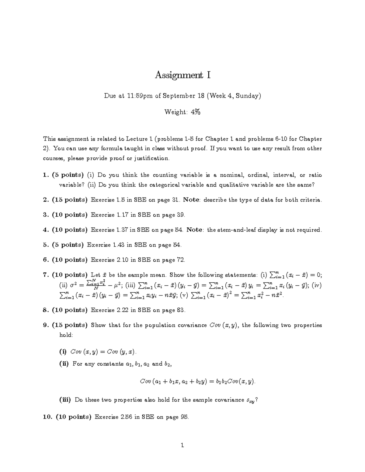 Assignment 1 1280 - Assignment I Due at 11:59pm of September 18 (Week 4 ...