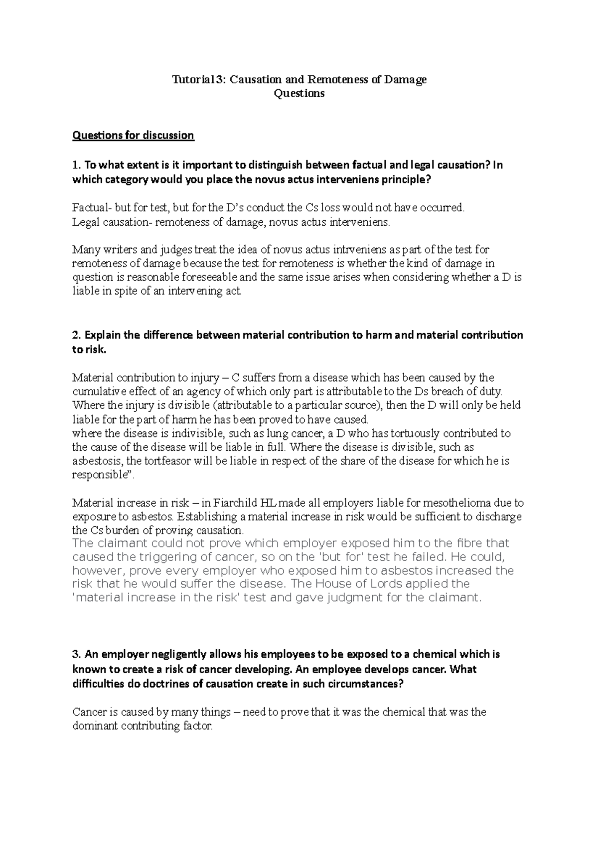 Tutorial 3 questions - Tutorial 3: Causation and Remoteness of Damage Questions Questions for ...
