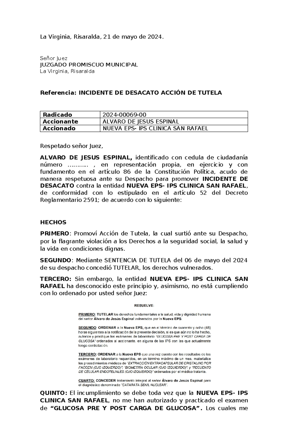 Incidente DE Desacato SR. Alvaro DE Jesus Espinal - La Virginia ...