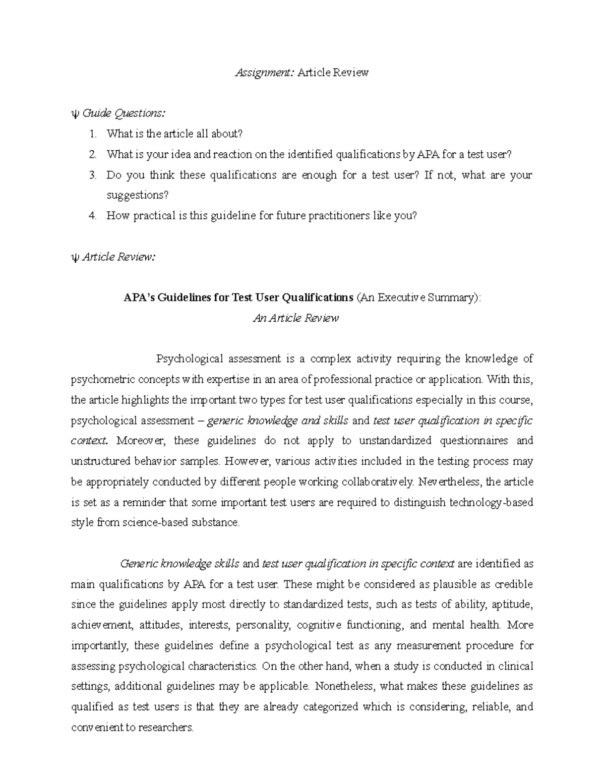 APA’s Guidelines for Test User Qualifications (An Executive Summary ...