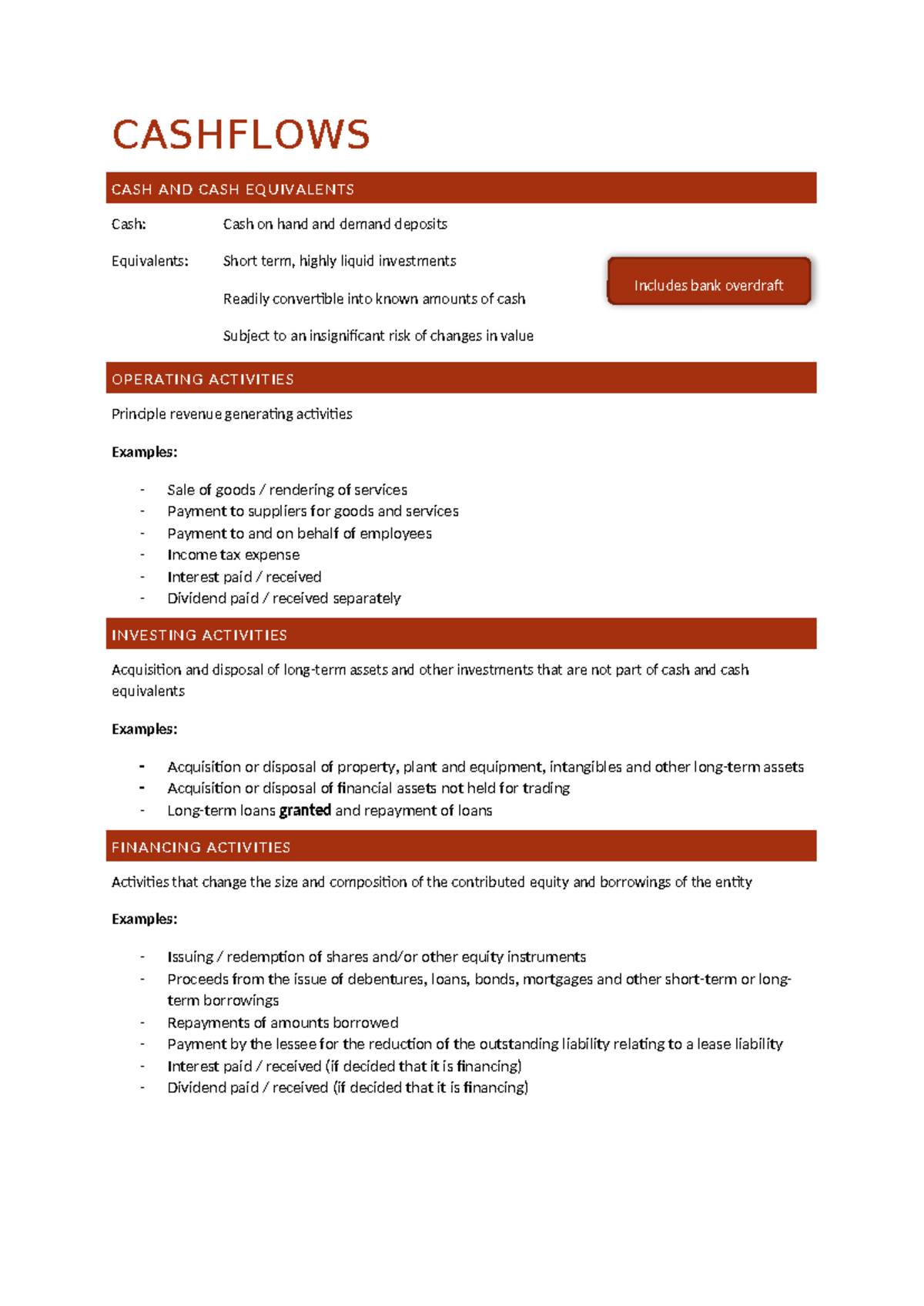 Cash Flow - Notes - SCF Summary - CASHFLOWS CASH AND CASH EQUIVALENTS ...