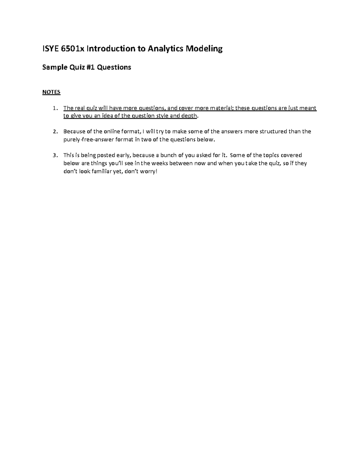 Sample quiz questions-1 - ISYE 6501x Introduction to Analytics Modeling Sample Quiz #1 Questions ...