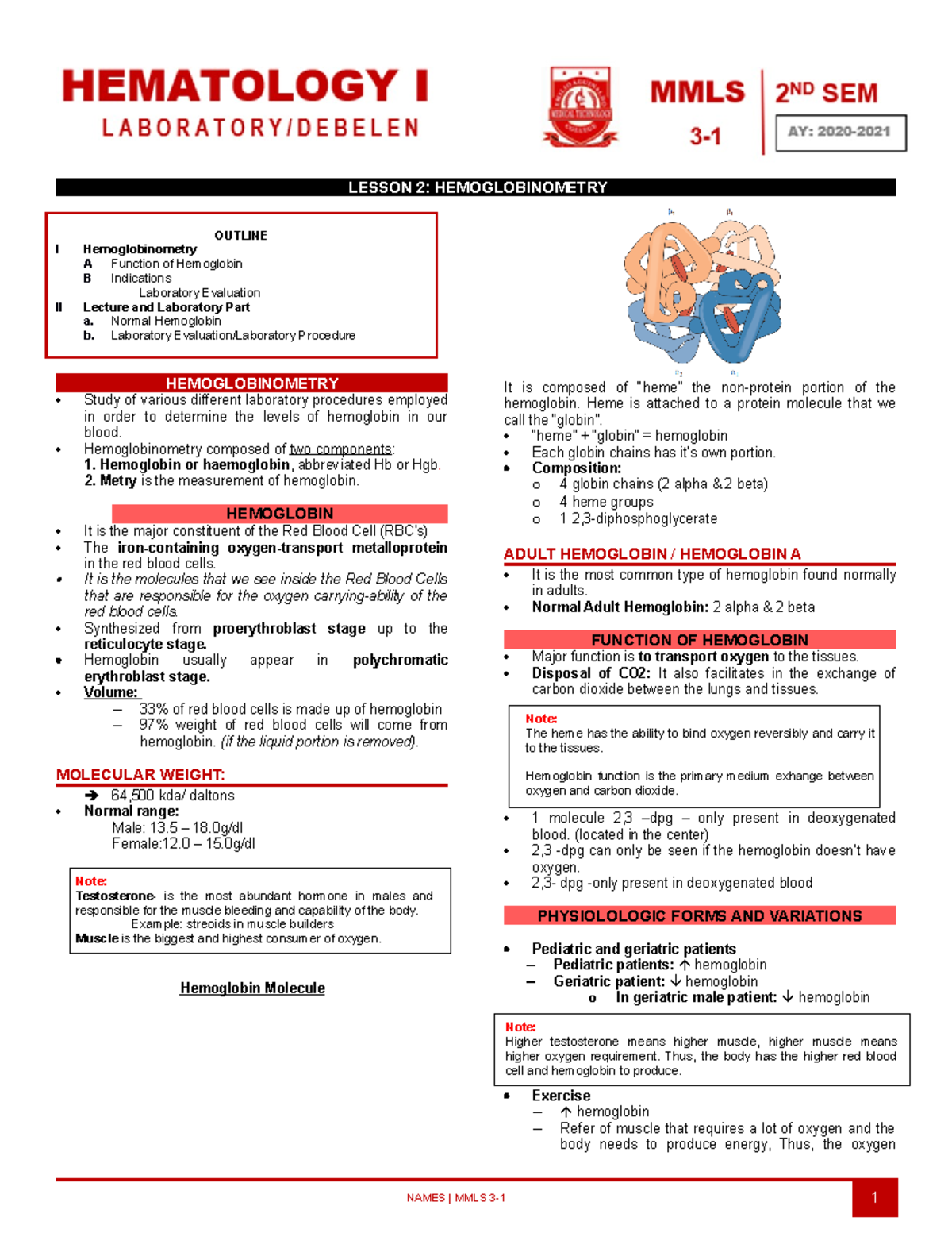 Hemoglobinometry - Lecture notes 2 - LESSON 2: HEMOGLOBINOMETRY OUTLINE ...
