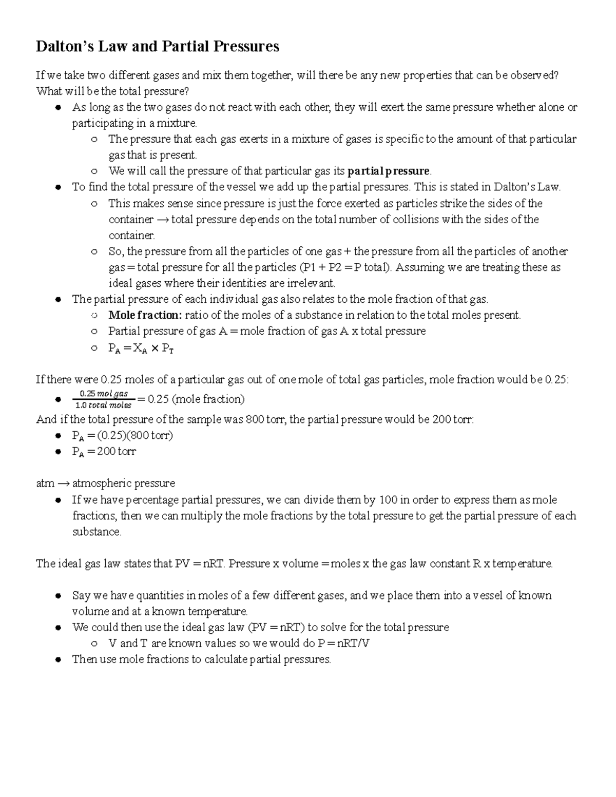 Dalton’s Law and Partial Pressures - The pressure that each gas exerts ...