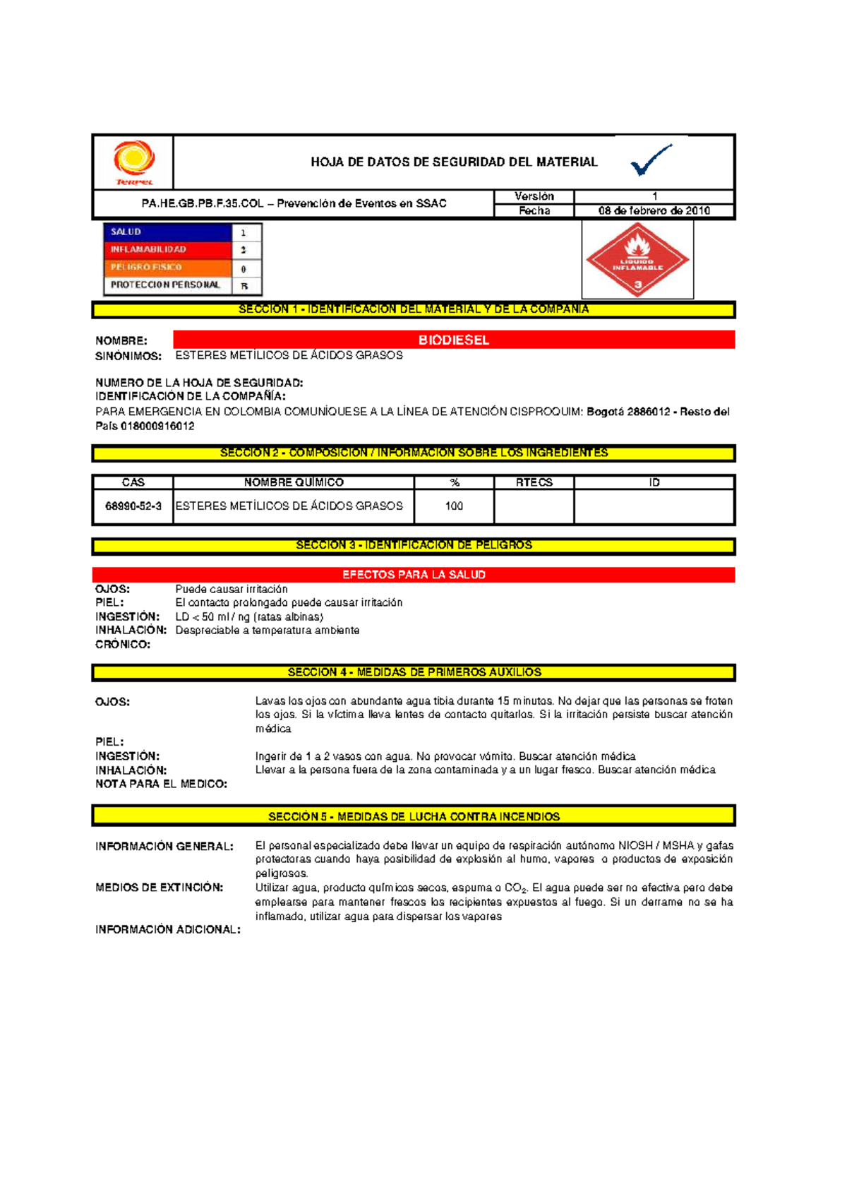 MSDS - ACPM Terpel - EXCELENT - Versión Fecha NOMBRE: NUMERO DE LA HOJA ...