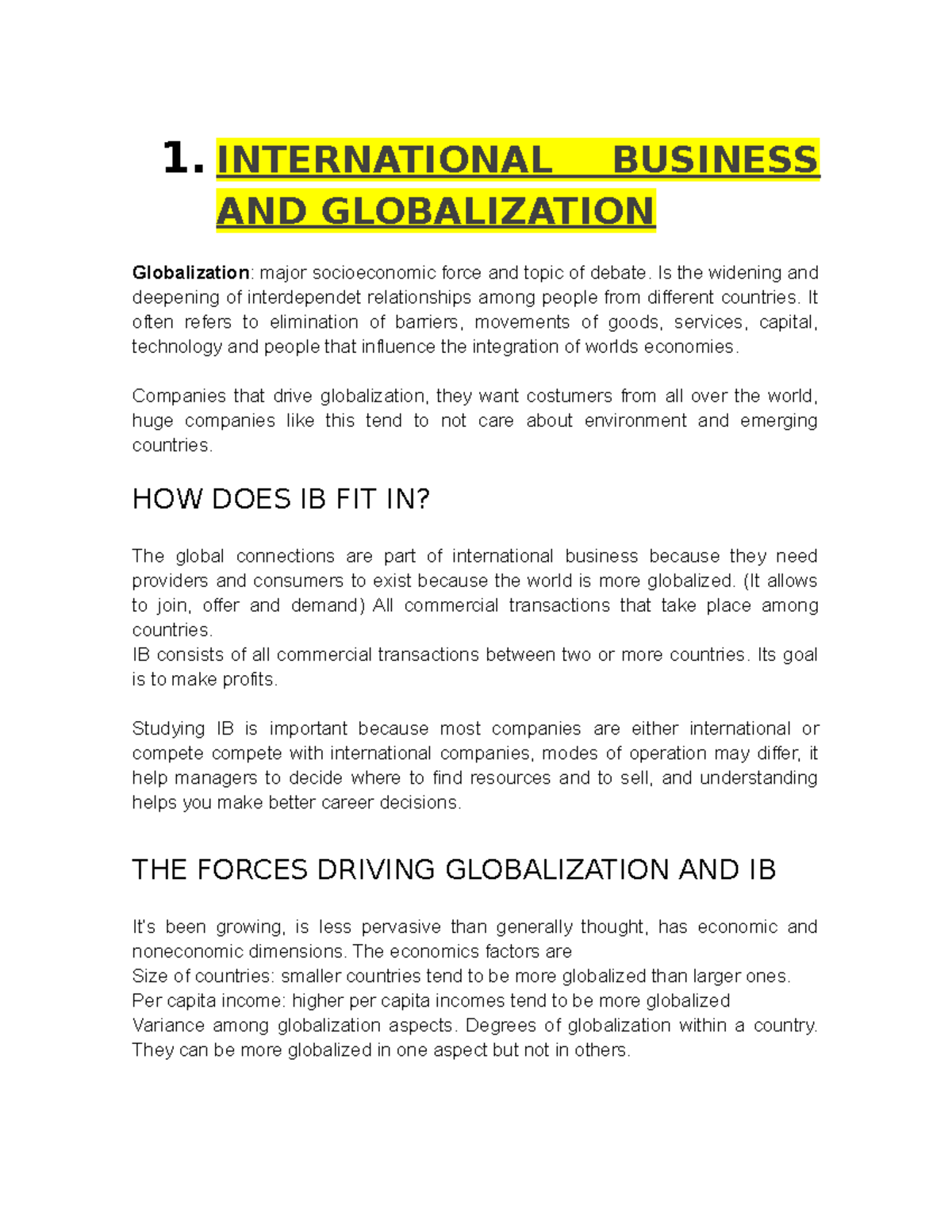 Ibc resumen examen - 1. INTERNATIONAL BUSINESS AND GLOBALIZATION ...