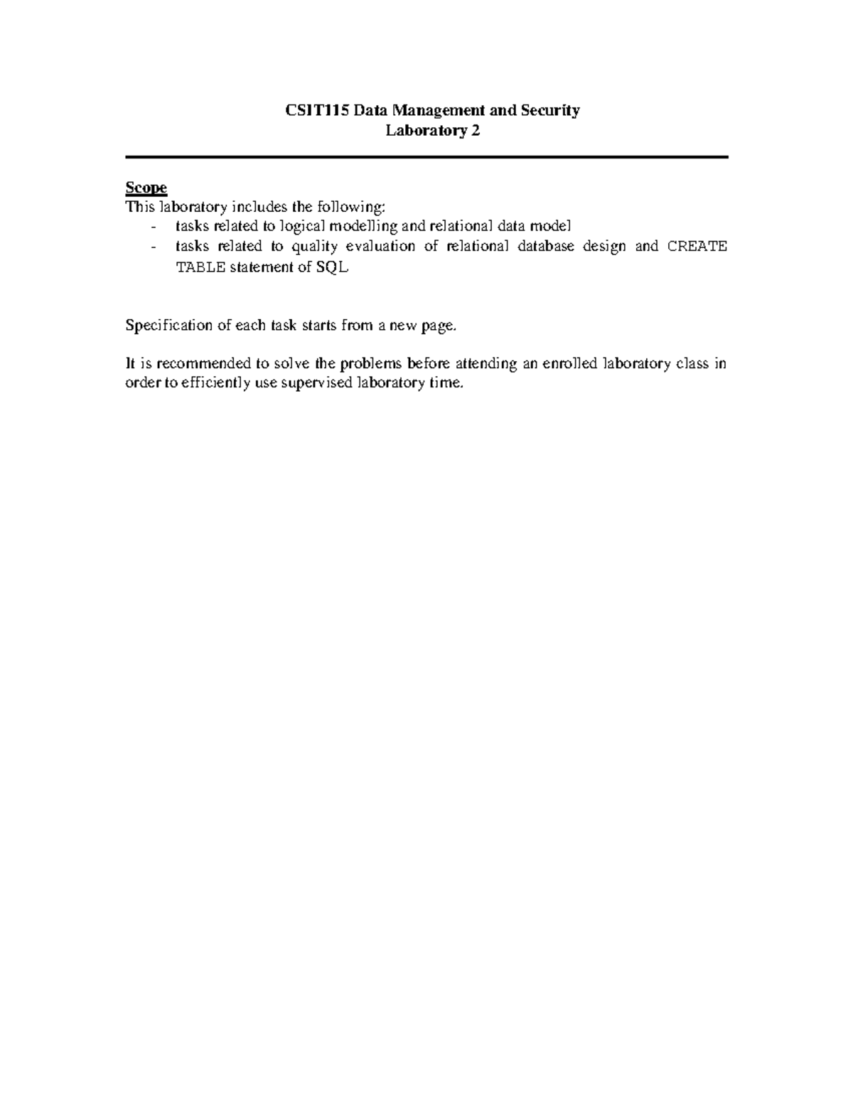 CSIT115 Lab2 - Lab 2 - CSIT115 Data Management and Security Laboratory ...