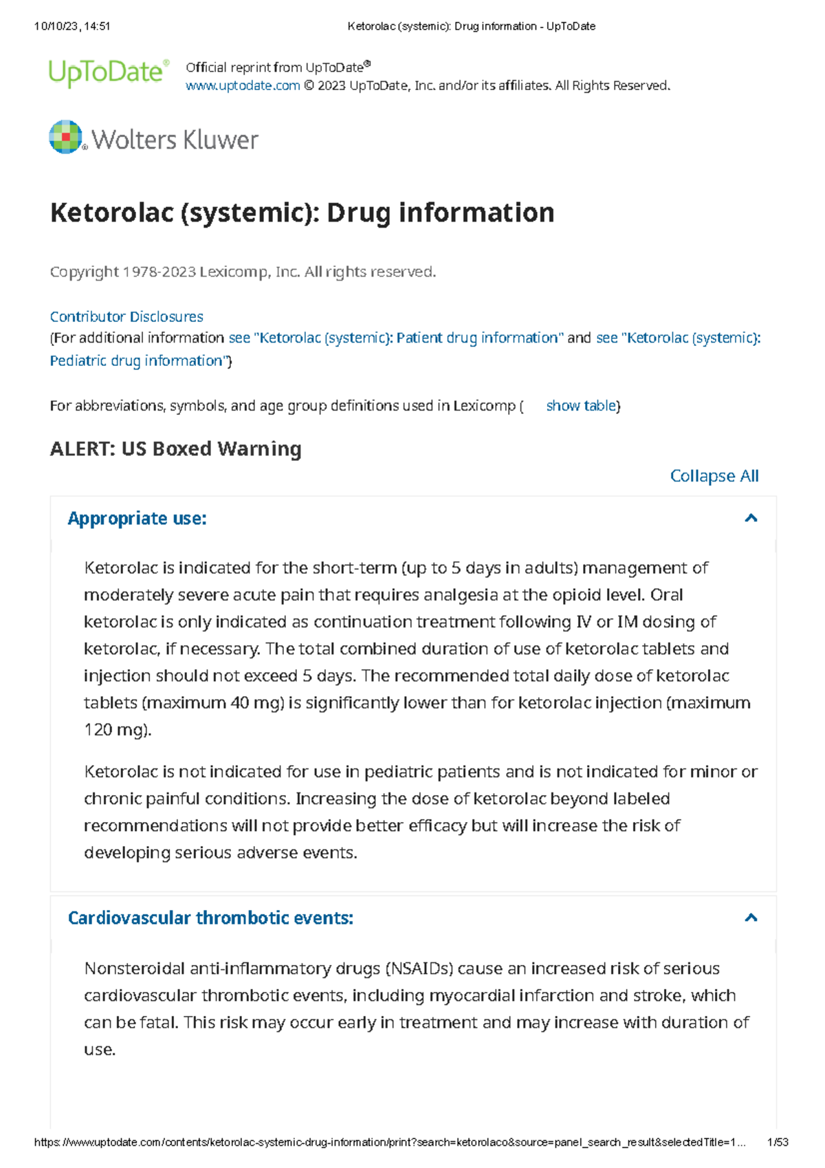 Ketorolac (systemic) Drug information - Up To Date - Ketorolac ...