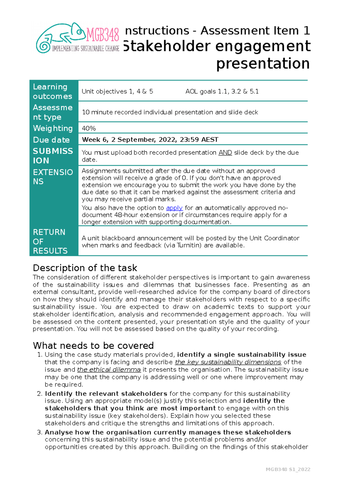 Task Instructions Ass1 MGB348 S2 2022 - Task Instructions - Assessment ...