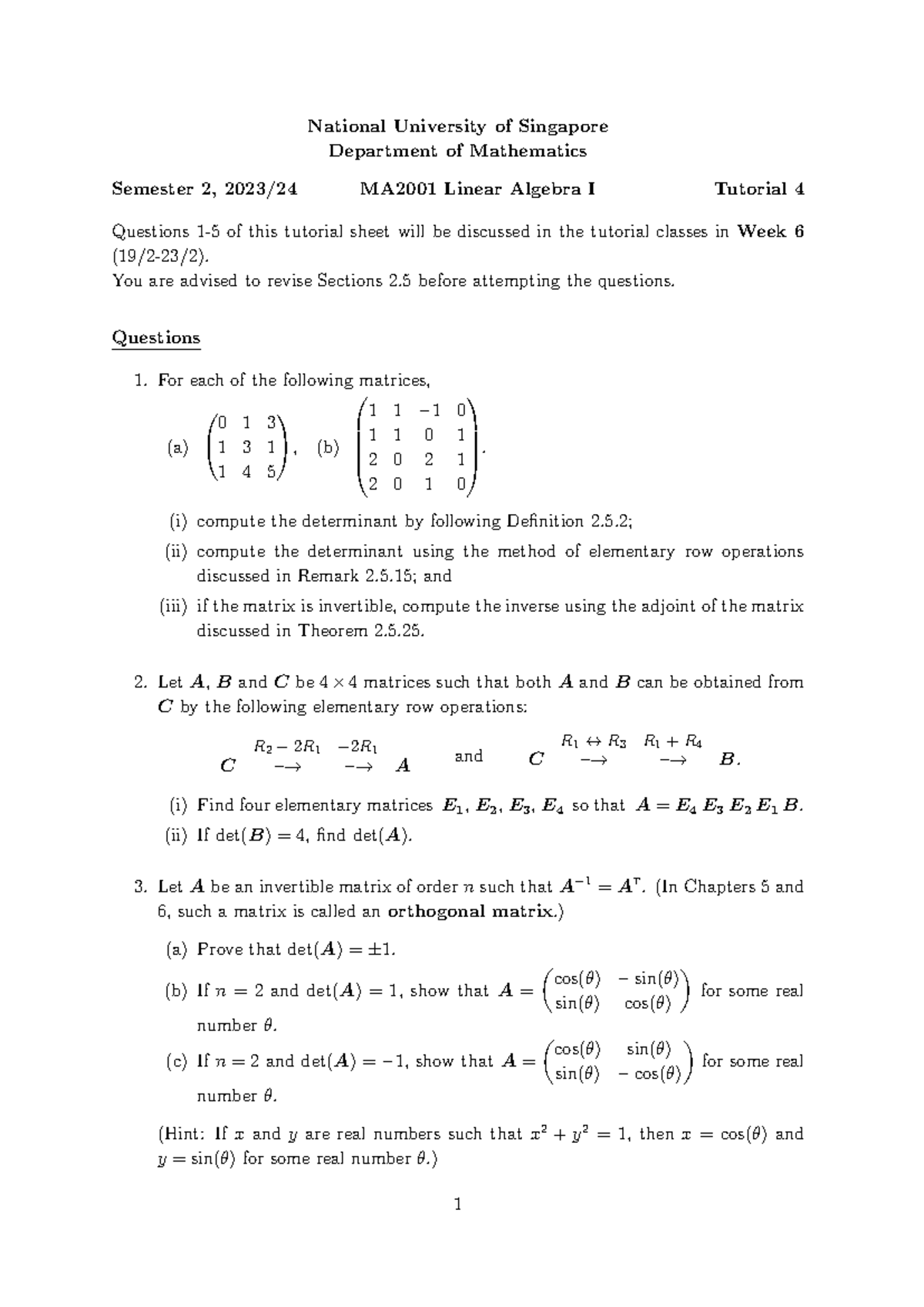Tutorial 4 - National University of Singapore Department of Mathematics ...