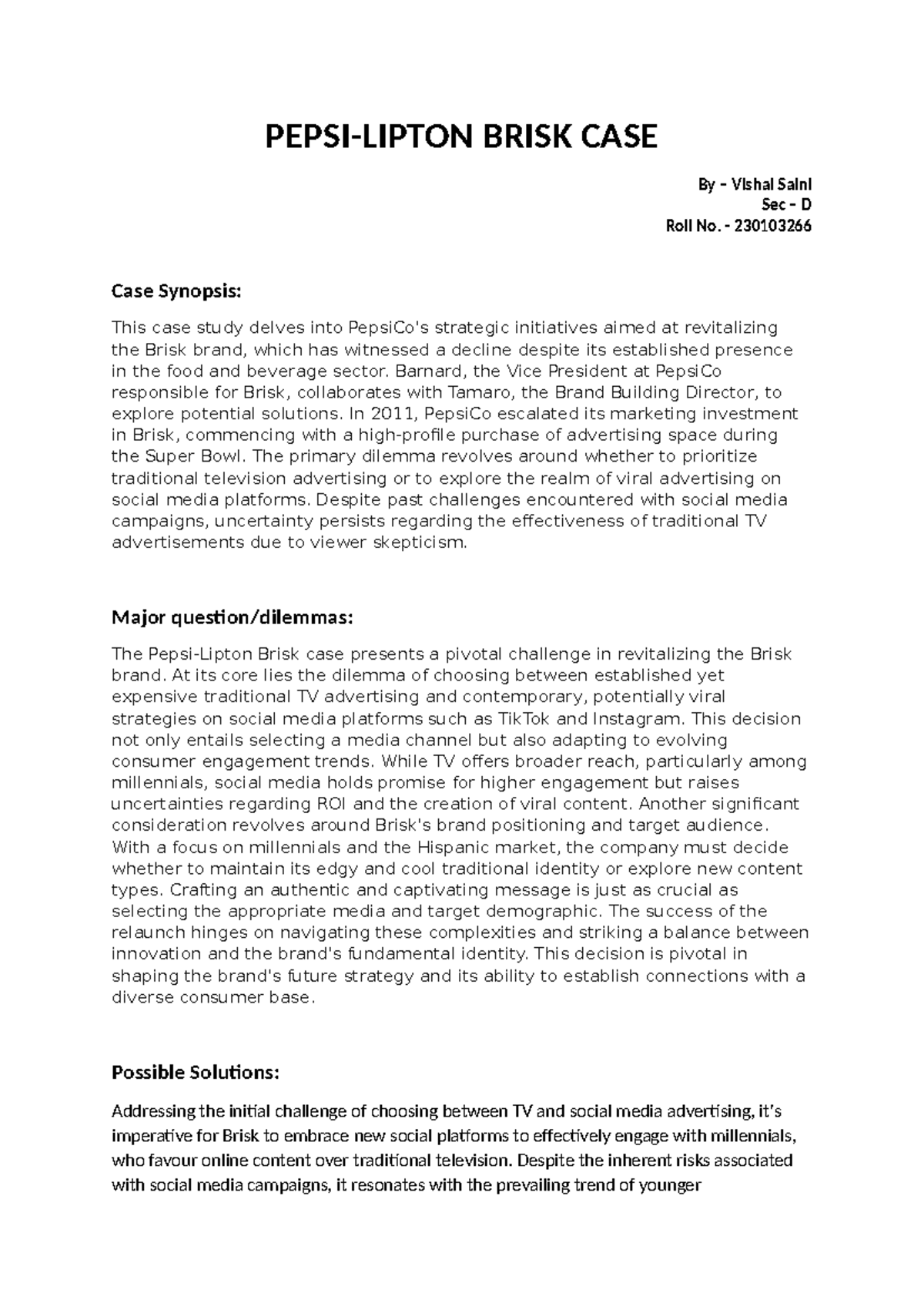 Case Summary for Pepsi lipton - PEPSI-LIPTON BRISK CASE By – Vishal Saini Sec – D Roll No ...