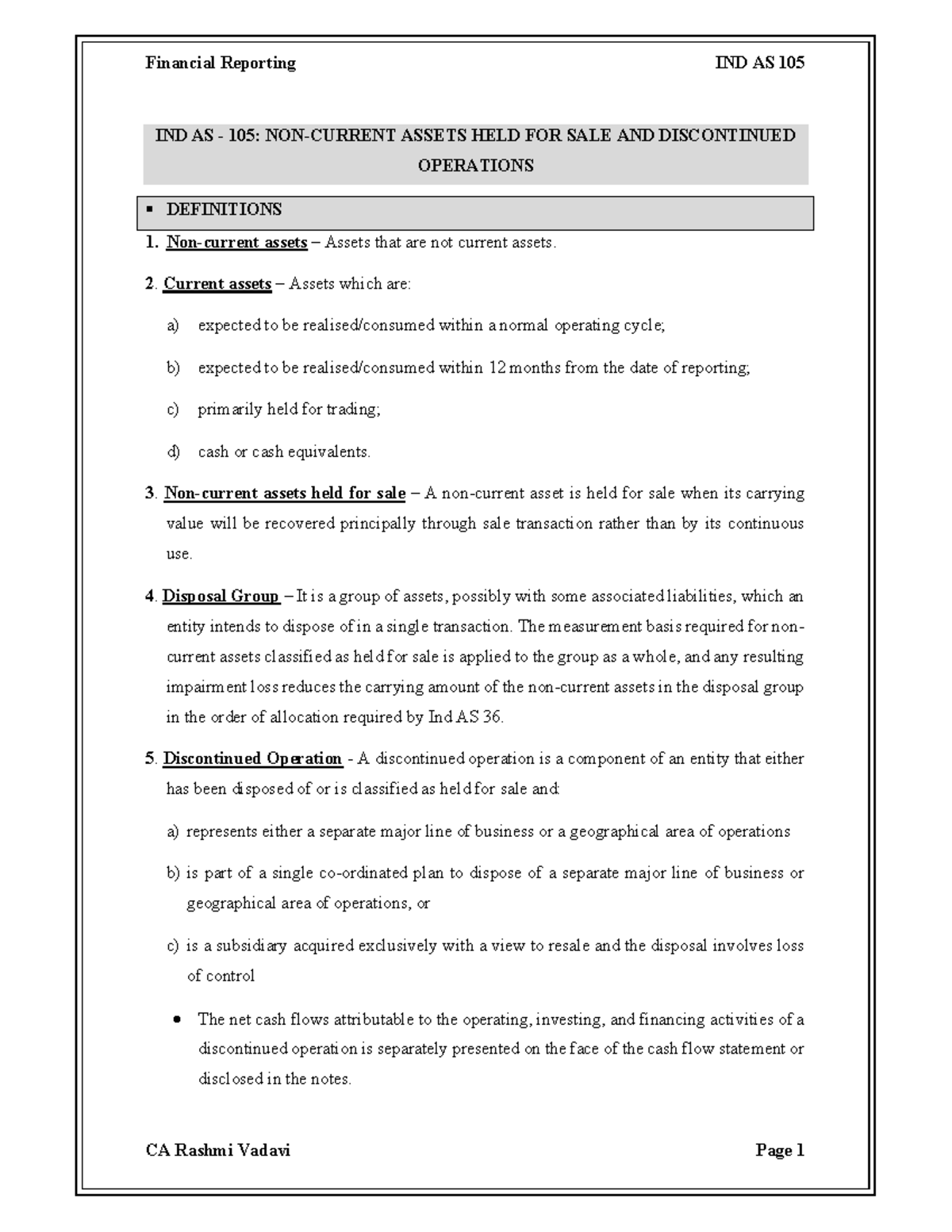 Ind AS 105 - Notes on IND AS 105 by CA Rashmi Vadavi mam - IND AS - 105 ...