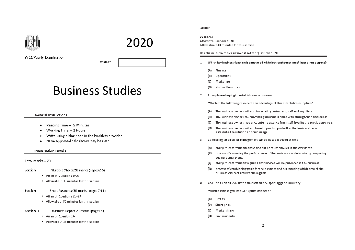 2020 Business Studies Preliminary - Examination Final - 2020 Yr 11 ...