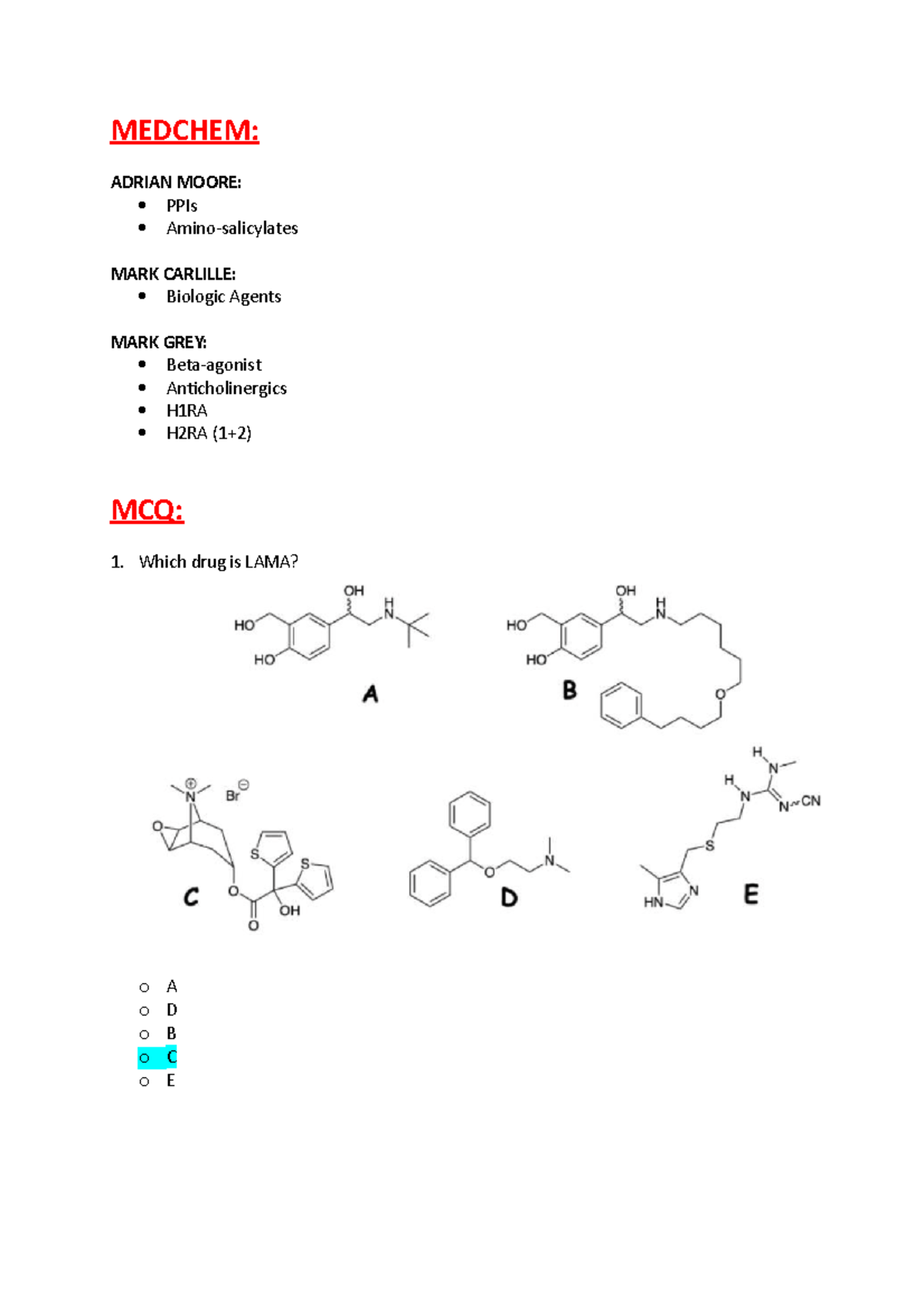 Medchem 1 - Med chem mcq - MEDCHEM: ADRIAN MOORE: PPIs Amino ...