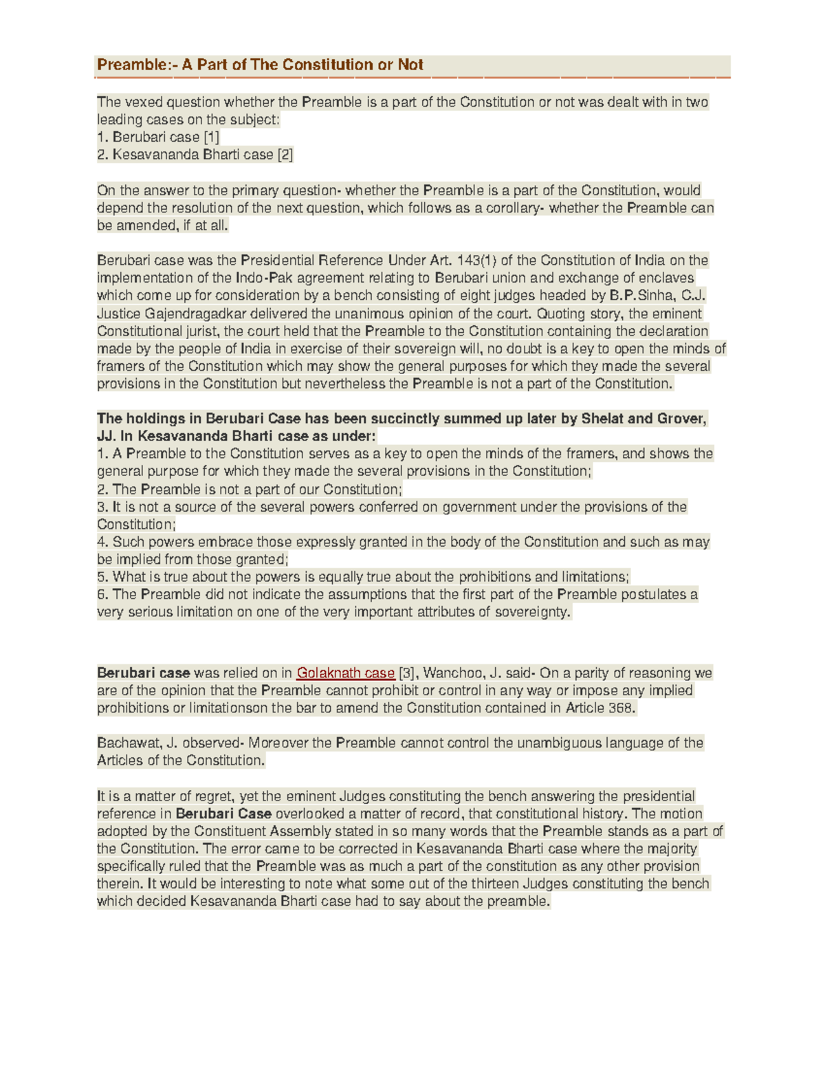 Preamble is a part of the constitution or not - Berubari case was the ...