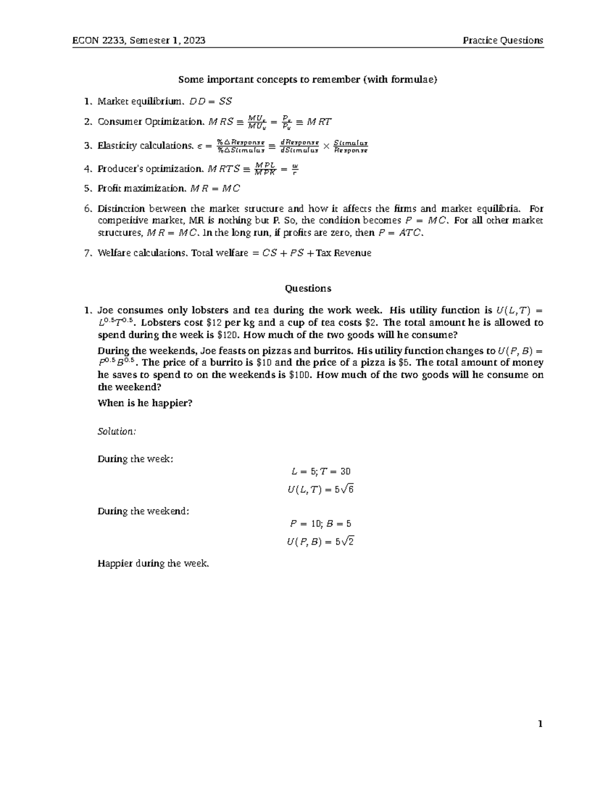 Lecture 12 Practice Questions - ECON 2233, Semester 1, 2023 Practice ...