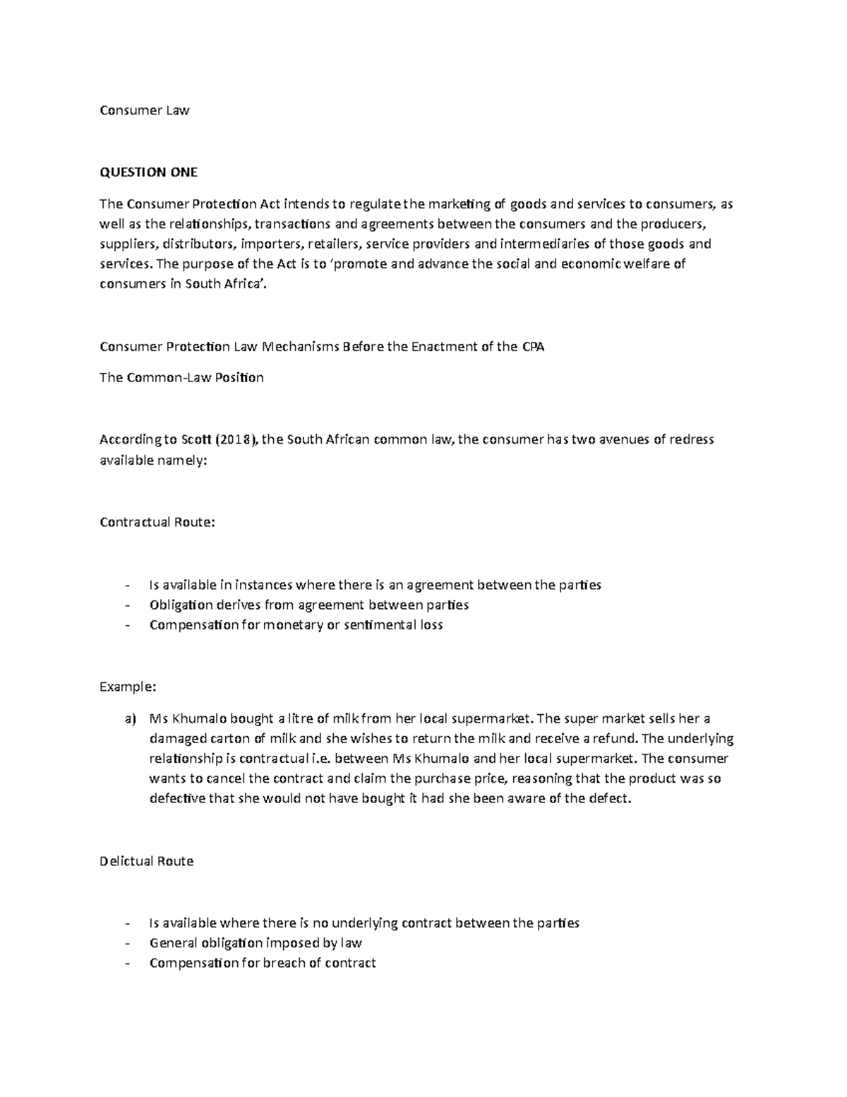 Consumer Law - Consumer Law QUESTION ONE The Consumer Protection Act ...